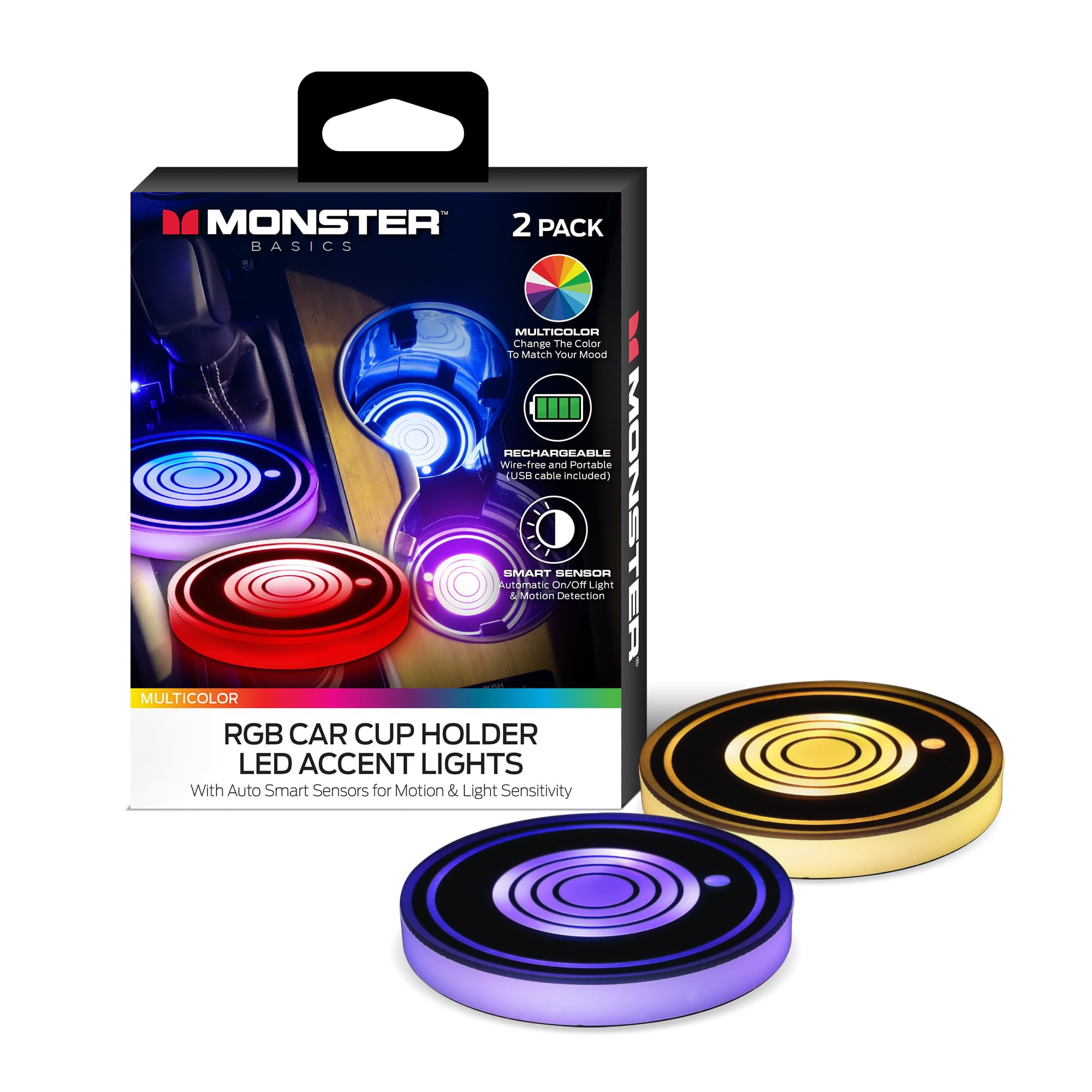 Monster Multicolor LED Cup Holder Lights, 2-Pack of Smart Color ...