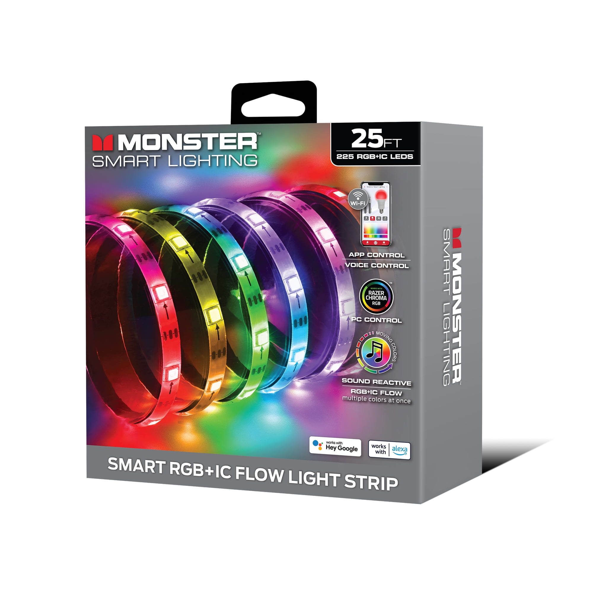 Monster Indoor 25ft Multi-Color LED Light Strip with Sound Reactive and ...