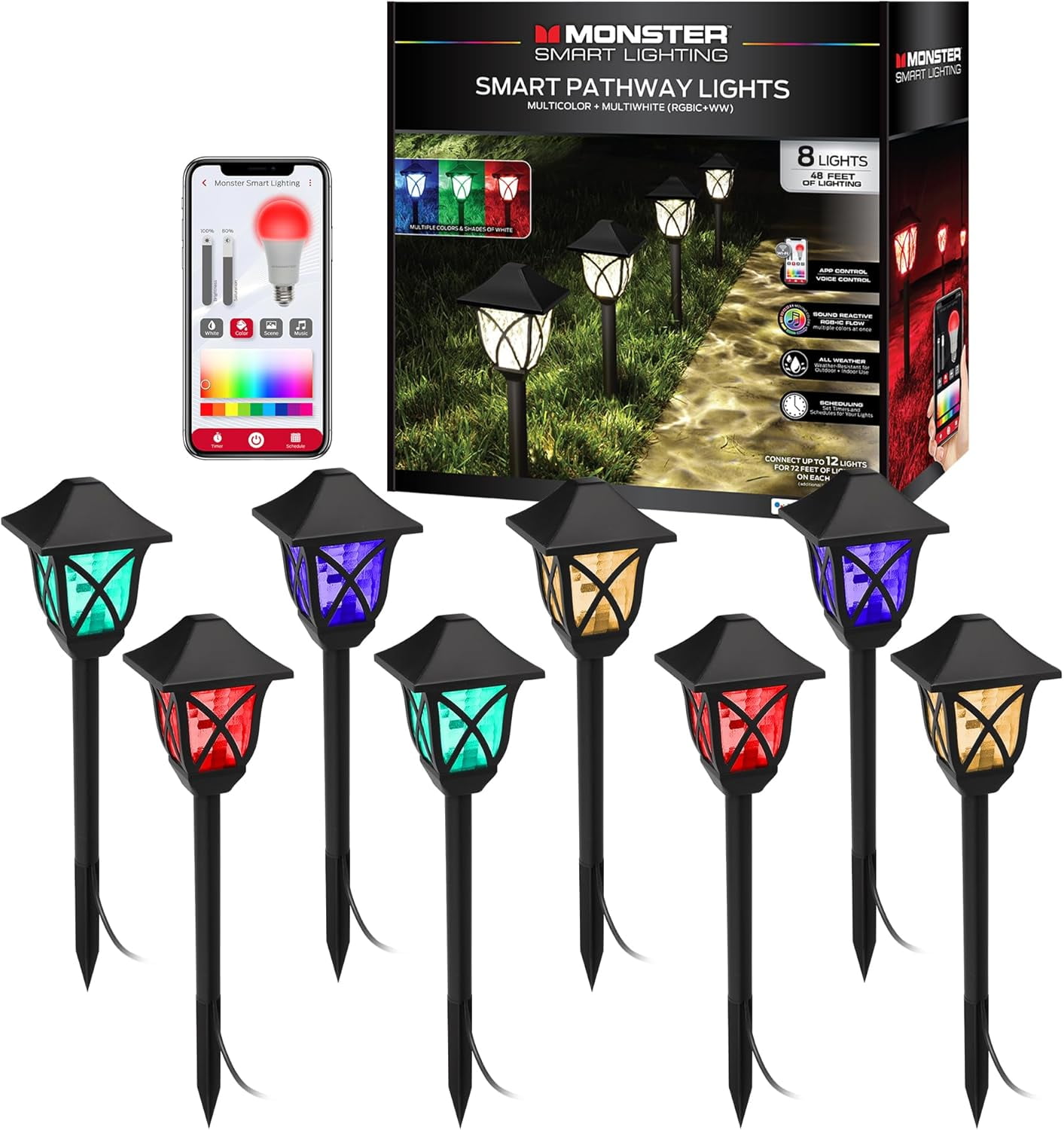Monster Smart 8-Pack Water-Resistant Traditional Multicolor & Multiwhite LEDs Pathway Lights ...