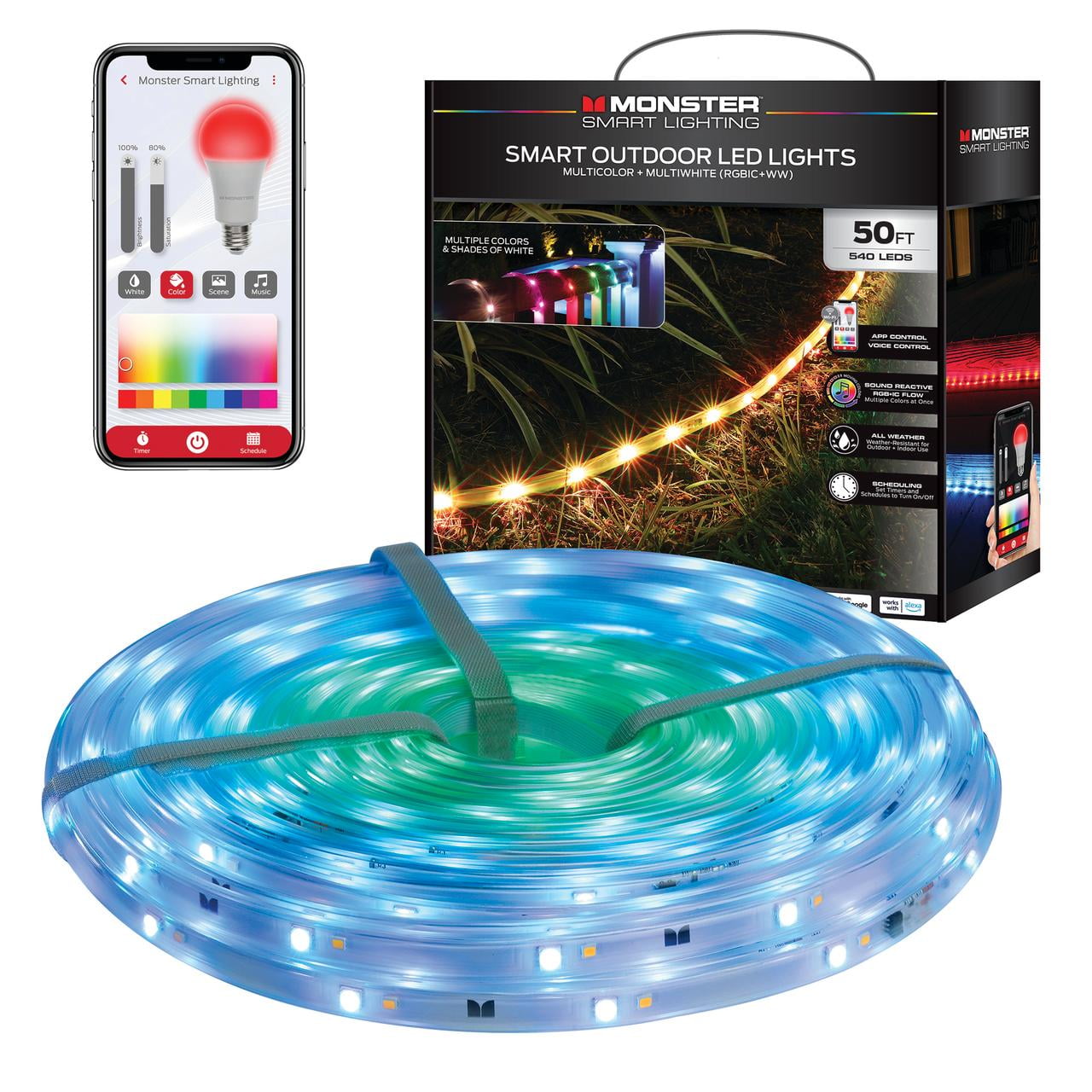 Monster Smart Outdoor LED Strip Lights 50ft, 540 RGB+IC Multicolor LEDs ...