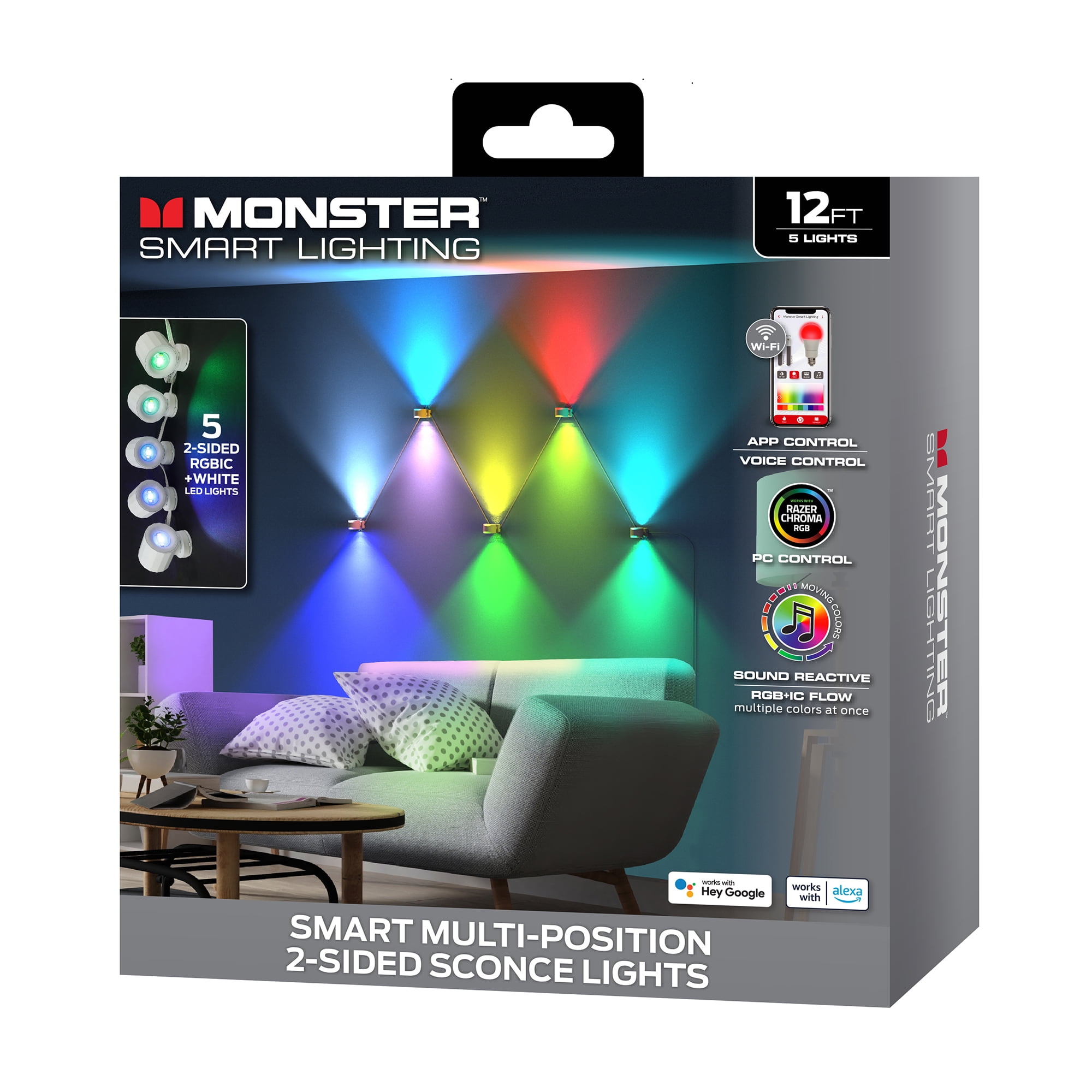 Monster Smart Lighting Multi-Position 2-Sided Sconce Lights, Wi-Fi ...