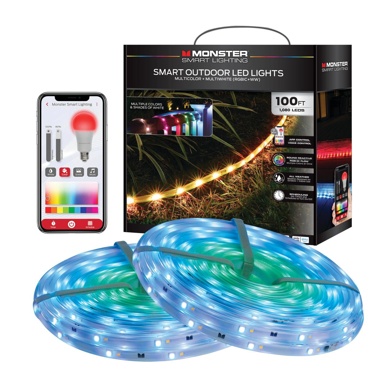Monster Smart Outdoor LED Strip Lights 100ft, 1080 RGB+IC Multicolor ...