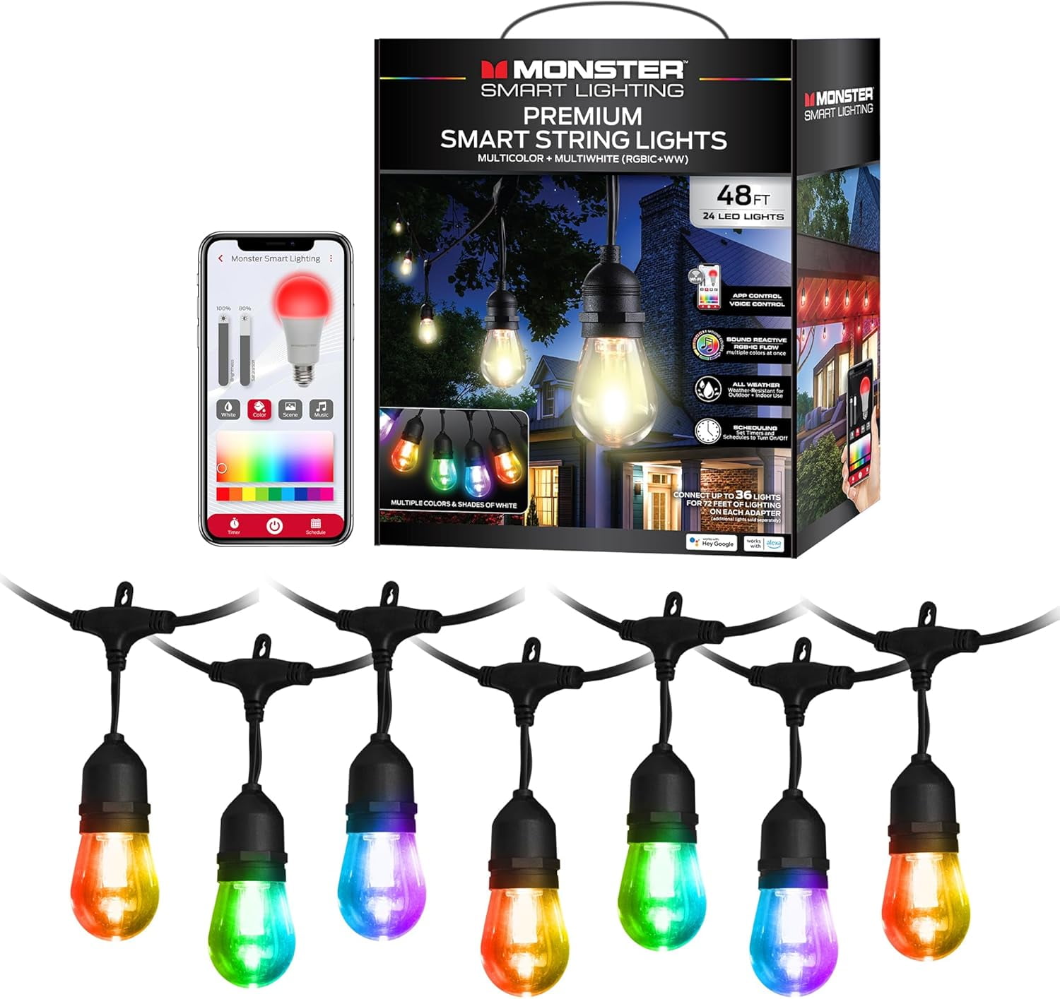 Monster Smart String Lights 48 ft, 24 LED Lights, App & Voice Control ...