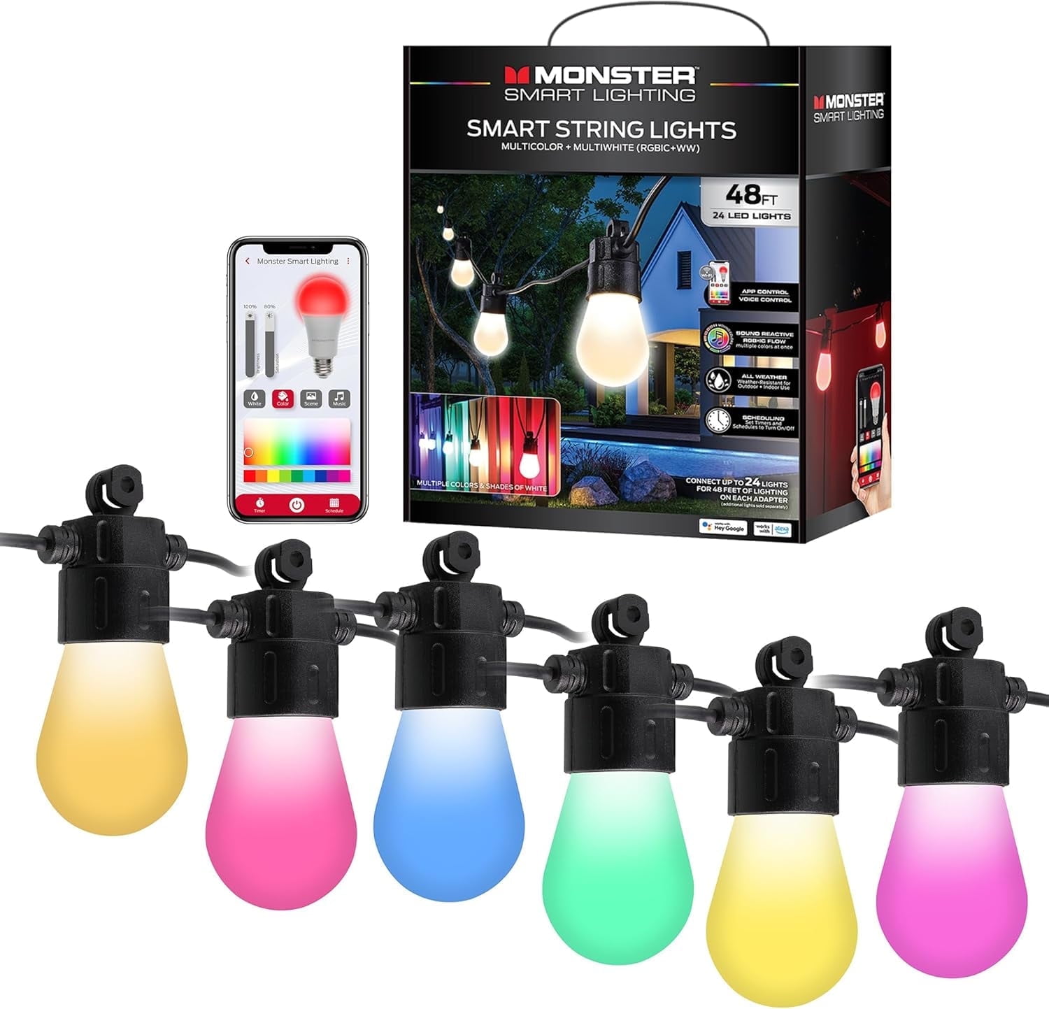Monster 48 ft Smart String Lights with 24 LED Lights for Outdoor ...