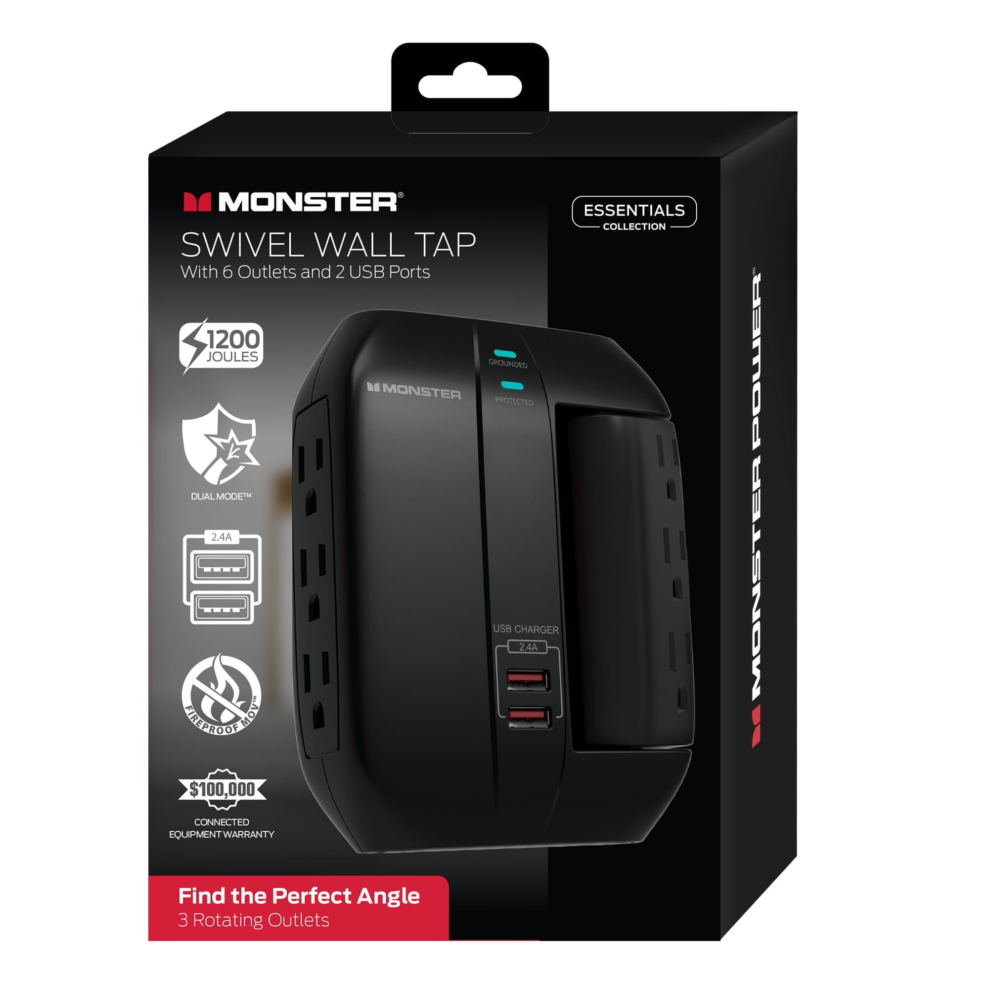 Monster Swivel Wall Tap with 6 Outlets and 2 USB Ports - Walmart.com