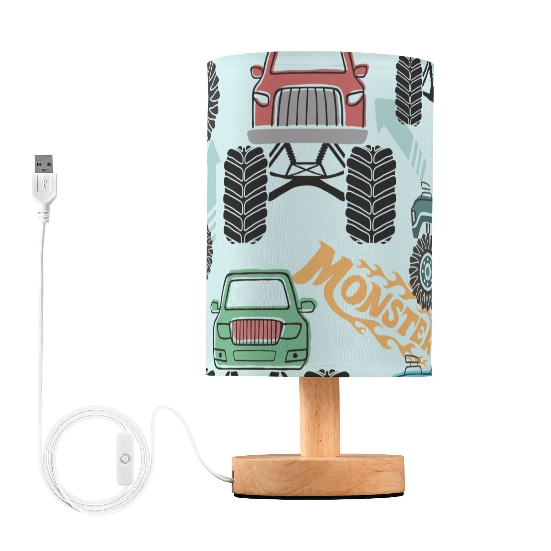 Monster Truck Cartoon Blue Bedside Table Lamp LED Warm Lights with USB ...