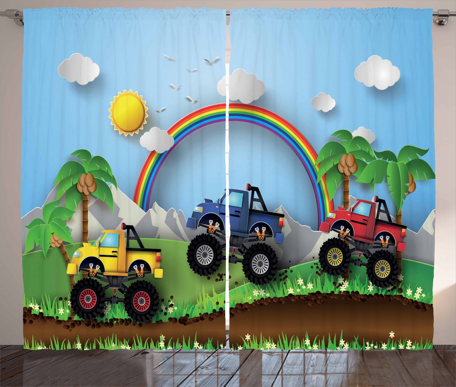 Ambesonne Monster Truck Curtains 2 Panel Set, S Trail Race, 108" x 96 ...
