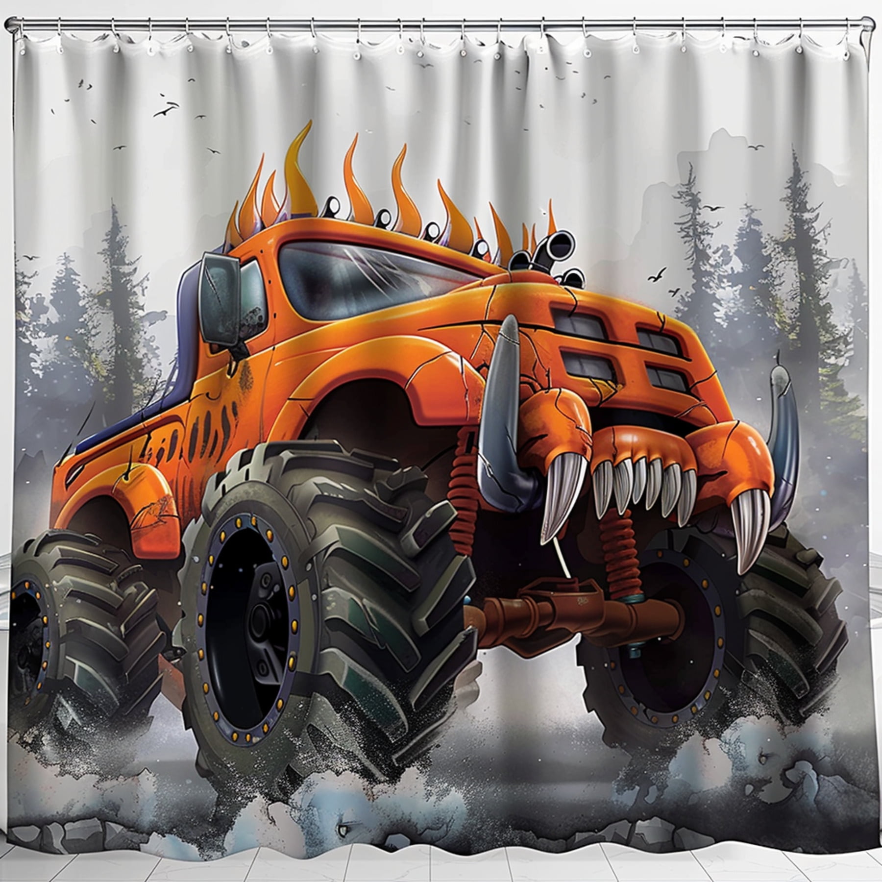 Monster Truck Fangs Shower Curtain Cartoon Style Orange Design Large ...