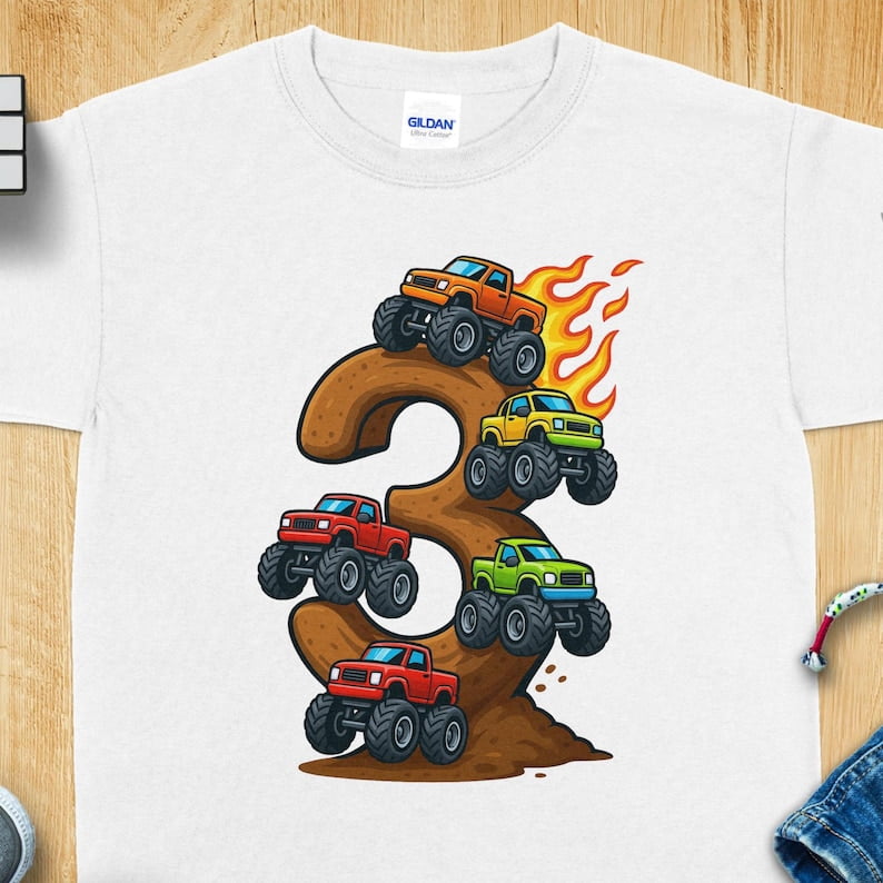 Monster Truck Number 3 T-Shirt, Kids 3rd Birthday Party Shirt, Trucks ...