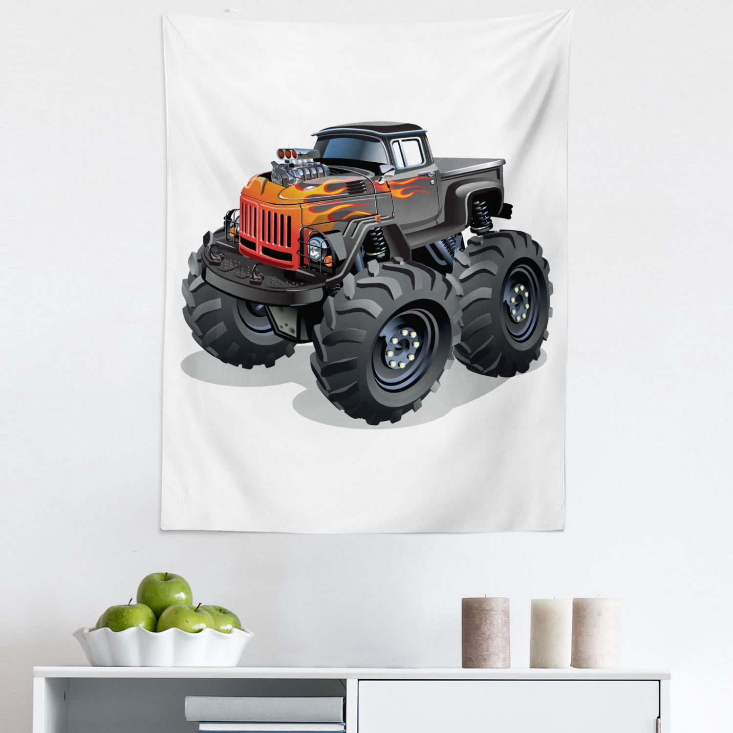 Monster Truck Tapestry, Cartoon Truck with Enormous Wheels and on Front ...