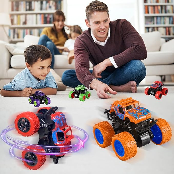 Monster Truck Toy for Boys 4 Pack 360° Rotating Stunt Push and Go Toy ...