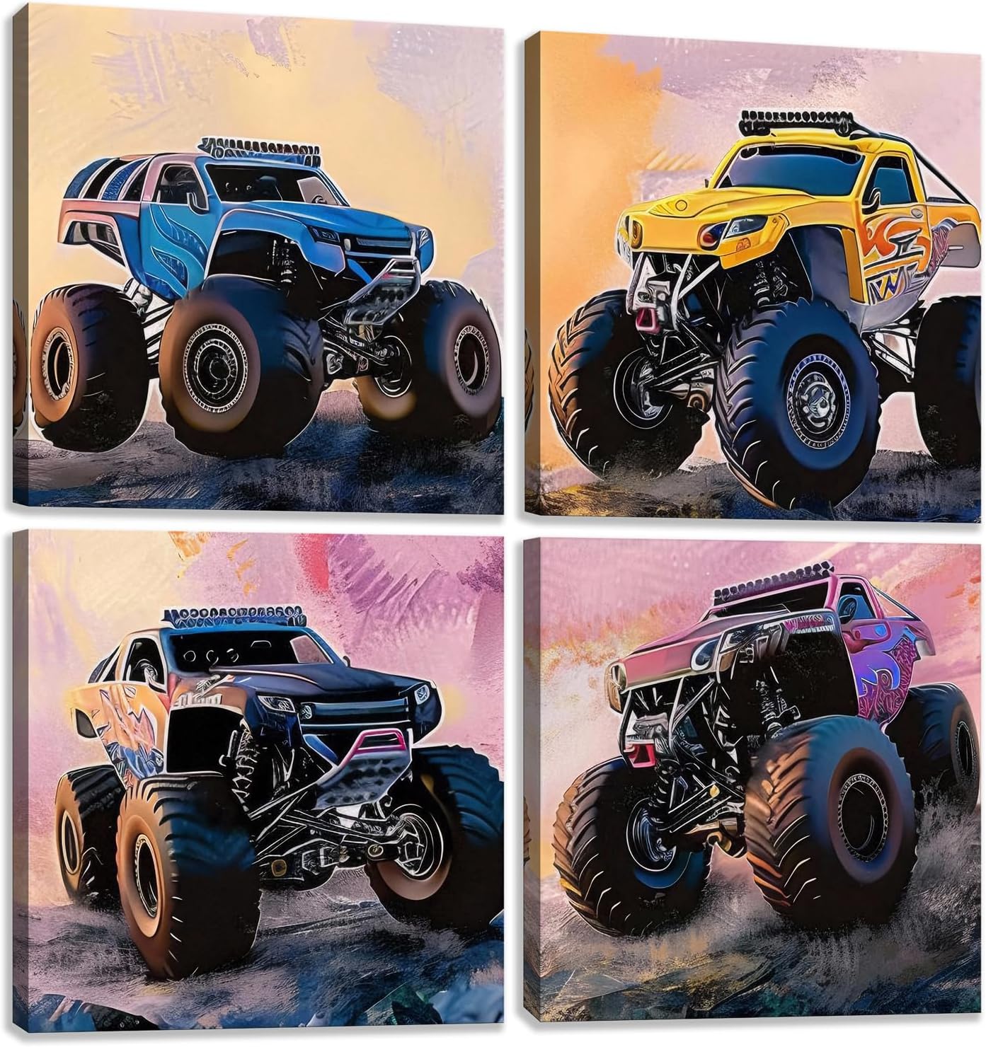 Monster Truck Wall Art 4 Pieces Prints for Kids Rooms Home Decor Canvas ...