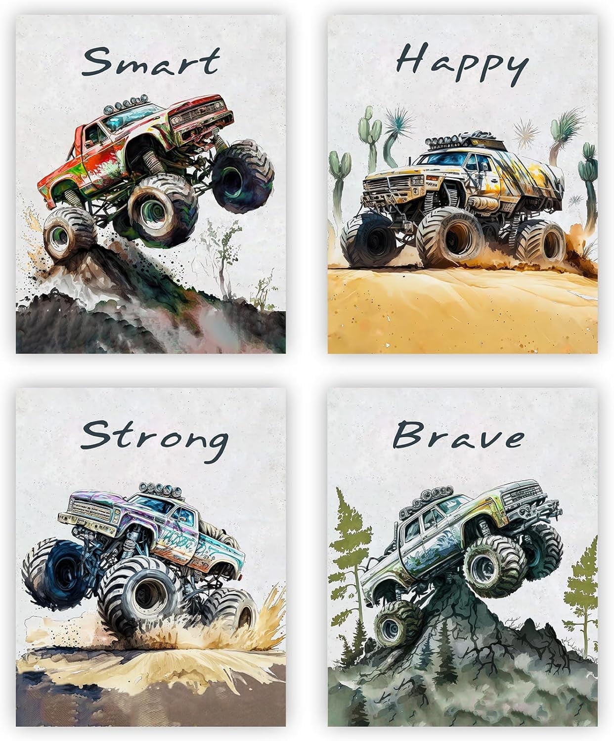 Monster Truck Wall Art Prints, 4 Piece Set, Positive Motivational ...