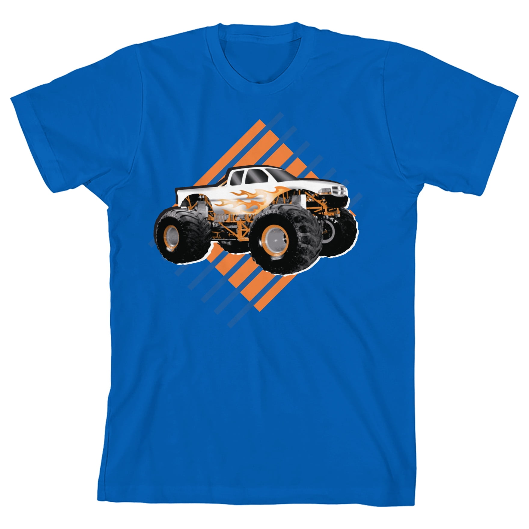 Monster Truck and Flames Background Youth Royal Blue Short Sleeve Crew ...