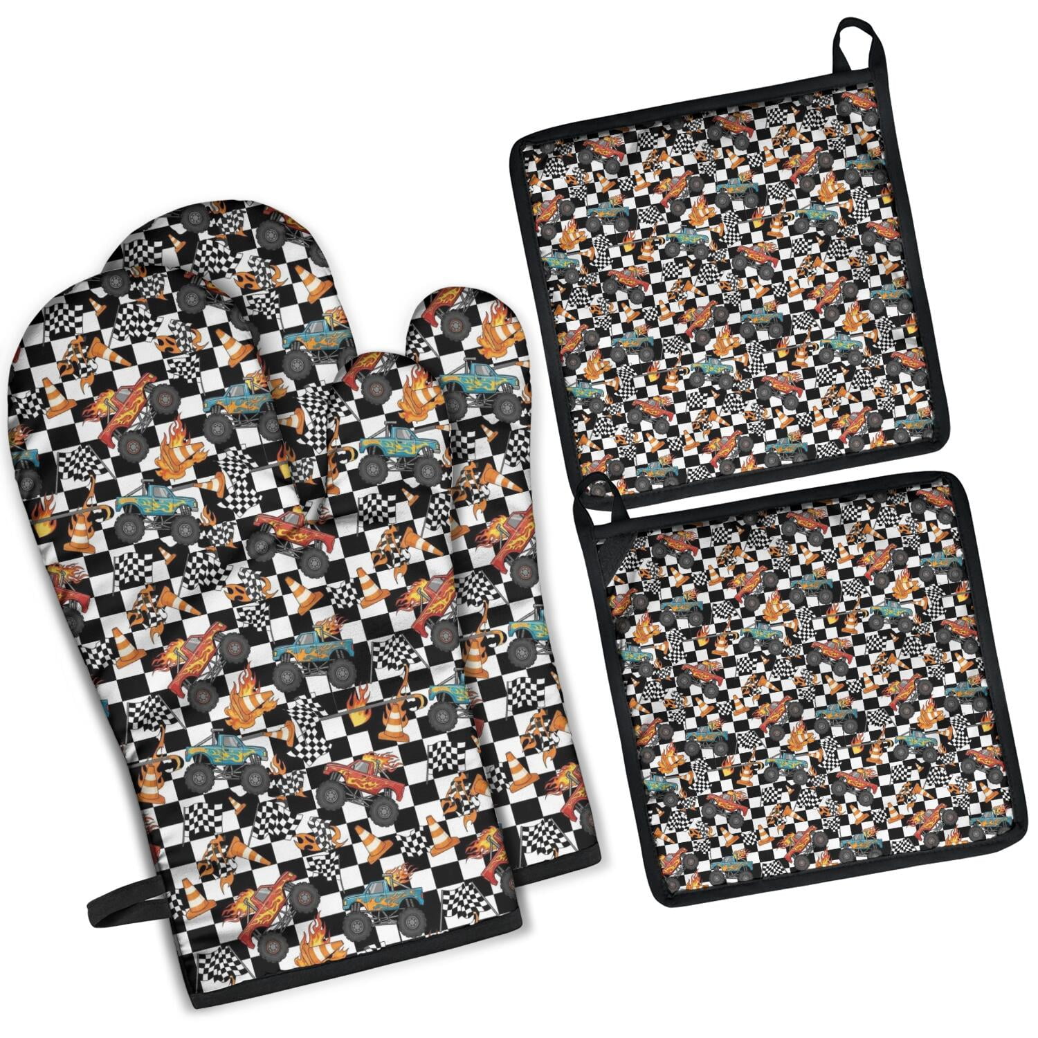 Monster Trucks with Checkered Flags Kitchen Oven Mitt and Pot Holder ...
