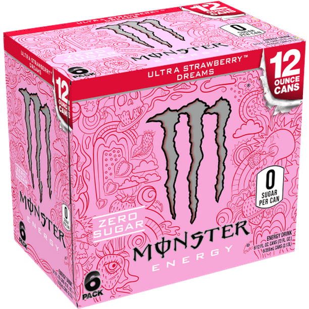 Monster Ultra Strawberry Dreams, Sugar Free Energy Drink, 12 fl oz, 6 ...
