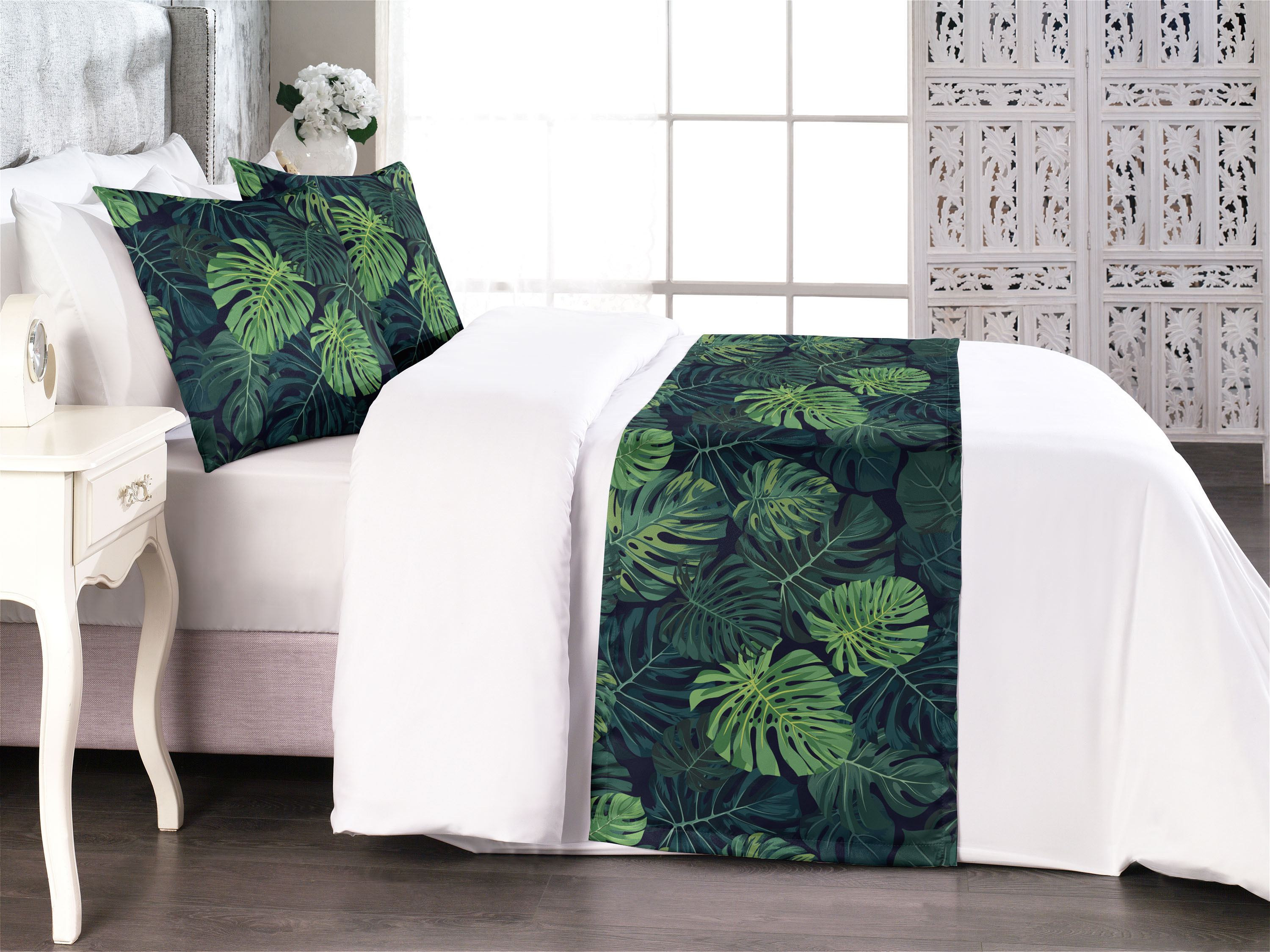 Monstera Bed Runner Set, Exotic Hawaiian Modern Digital Watercolor ...