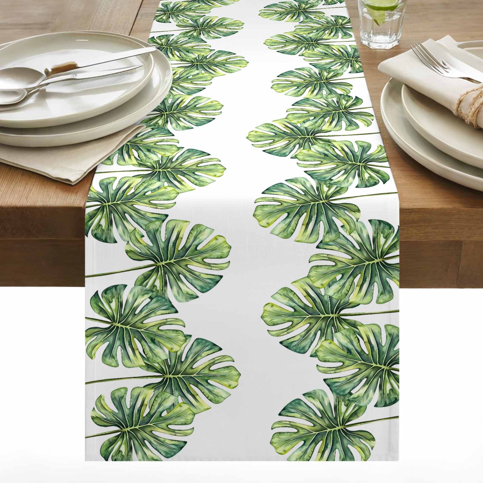 Monstera Cotton Linen Table Runner Green Tropical Leaf Dining Table ...