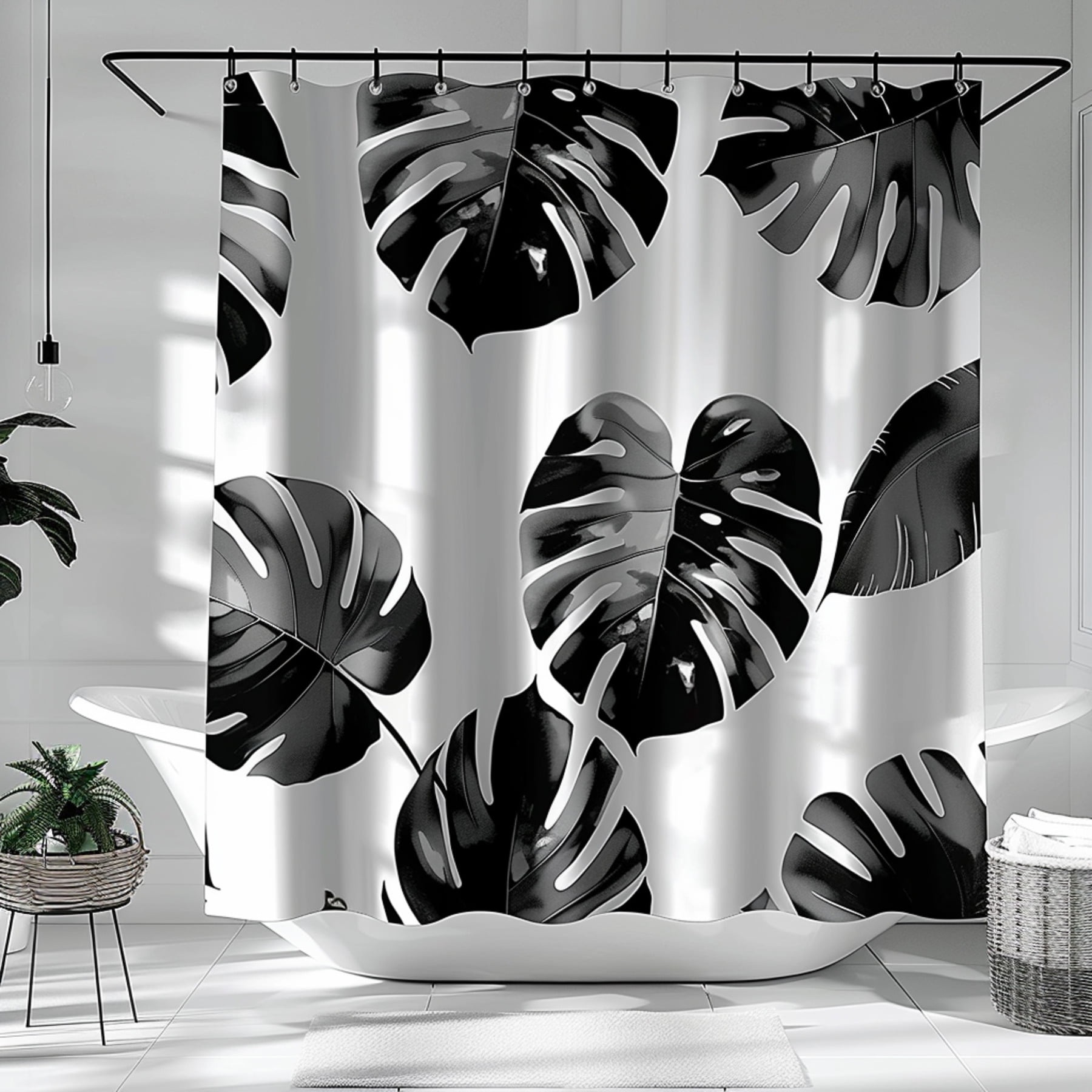 Monstera Leaf Design Shower Curtain Black and White Bathroom Decor ...