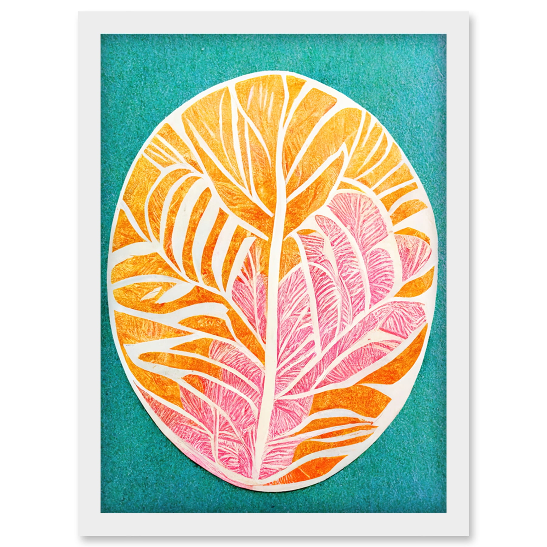Monstera Leaf Linocut In Pastel Pink Orange On Teal Artwork Framed Wall ...