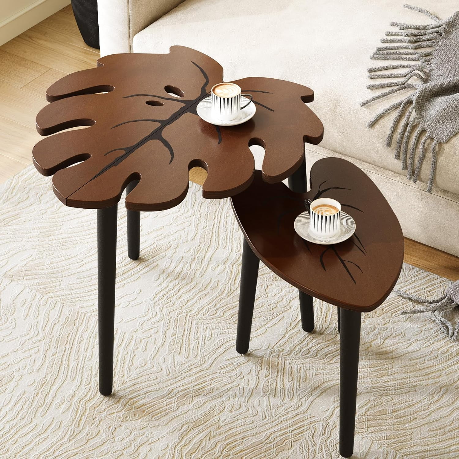 Monstera Leaf Nesting Tables Set of 2, Small Coffee Table Set with Leaf ...