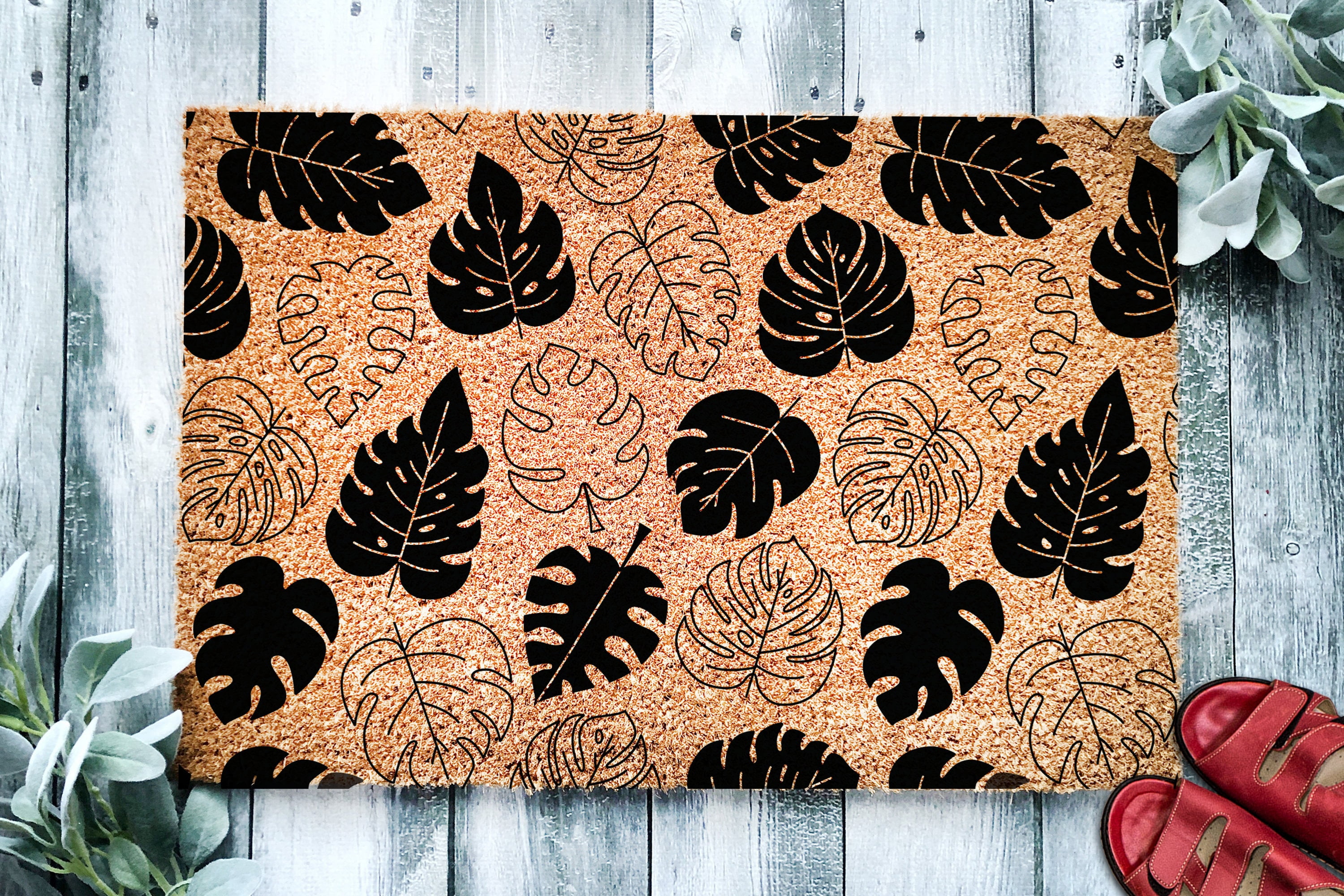 Monstera Leaf Pattern Door Mat | Tropical Leaf Doormat | Welcome Mat ...