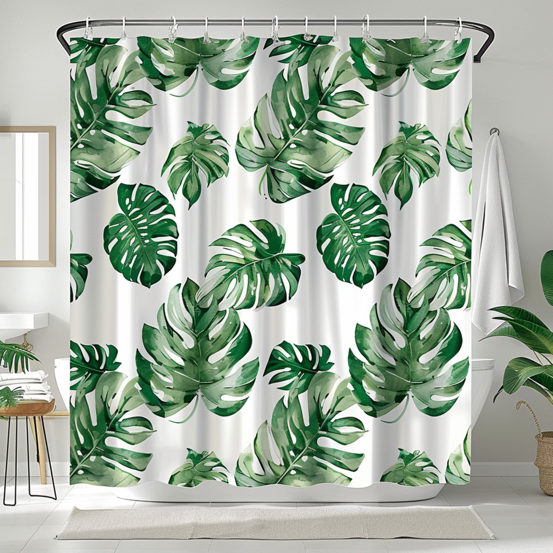 Monstera Leaf Patterned Shower Curtain Green Accents on White ...