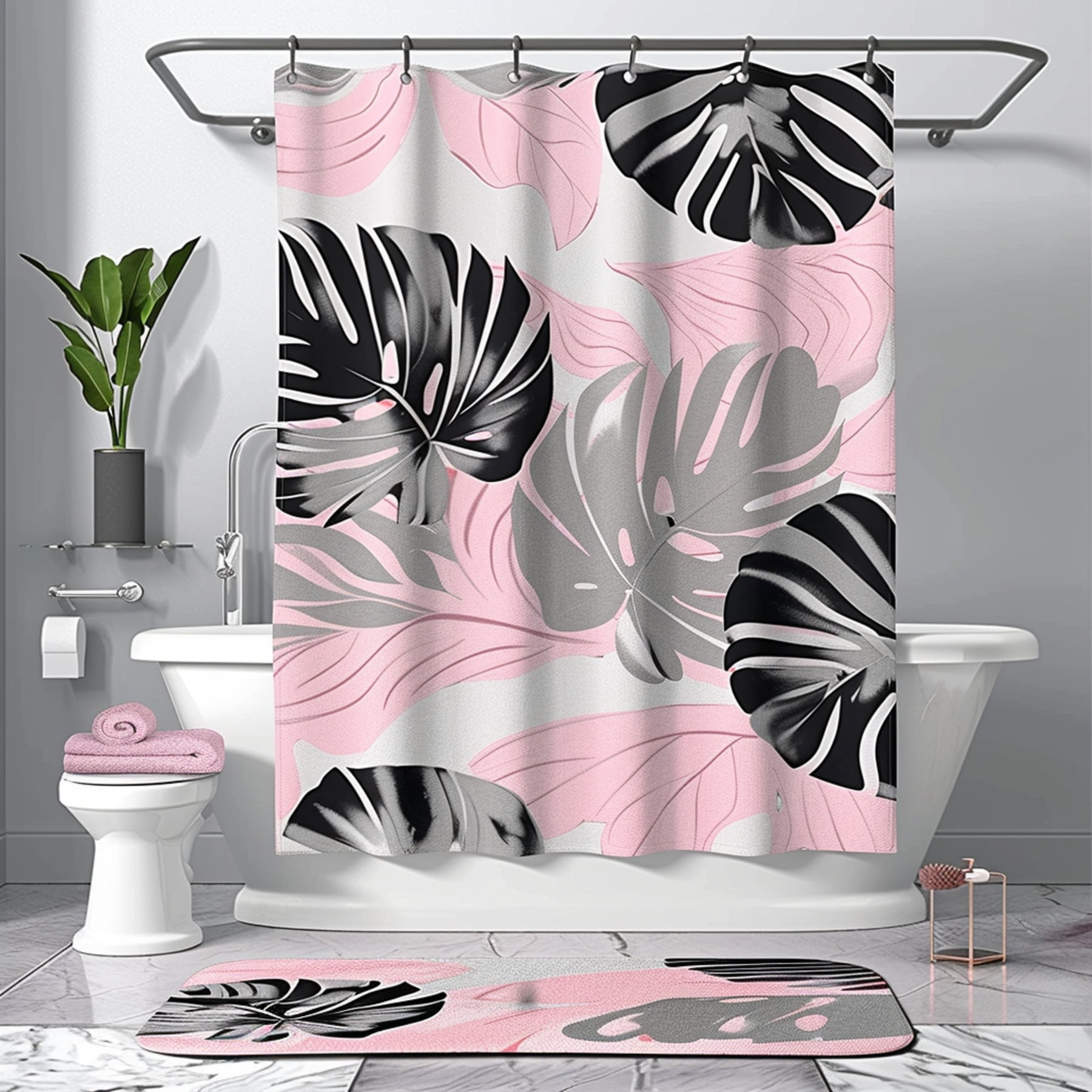 Monstera Leaf Pink Grey Bathroom Set with Black Accents Hyper Realistic ...