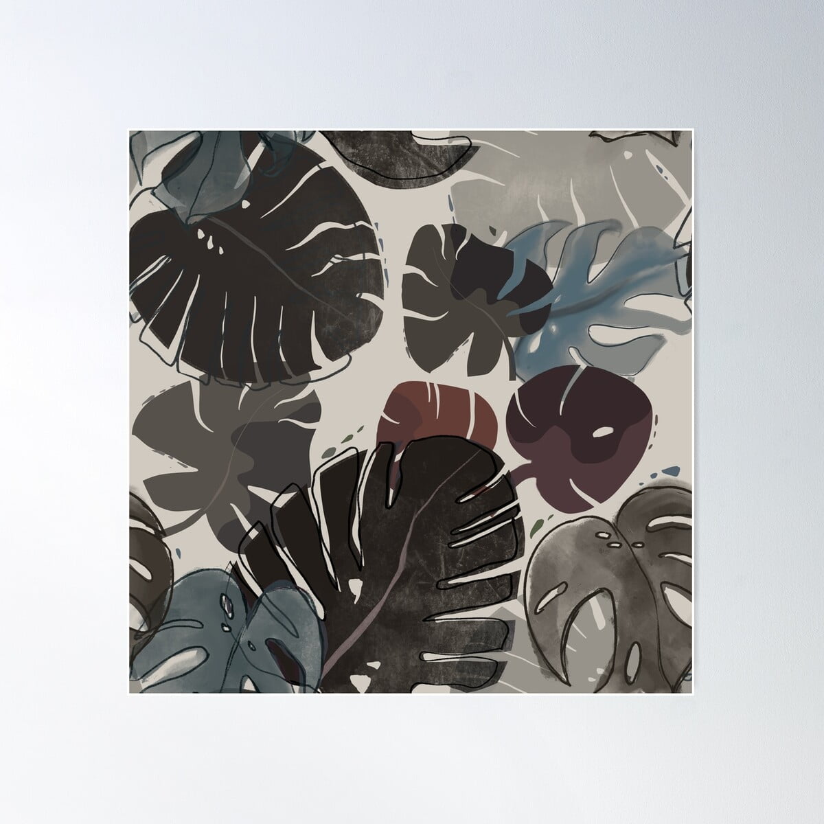 Monstera Leafs Red And Blue Low Saturation Poster Wall Art, Modern Wall ...