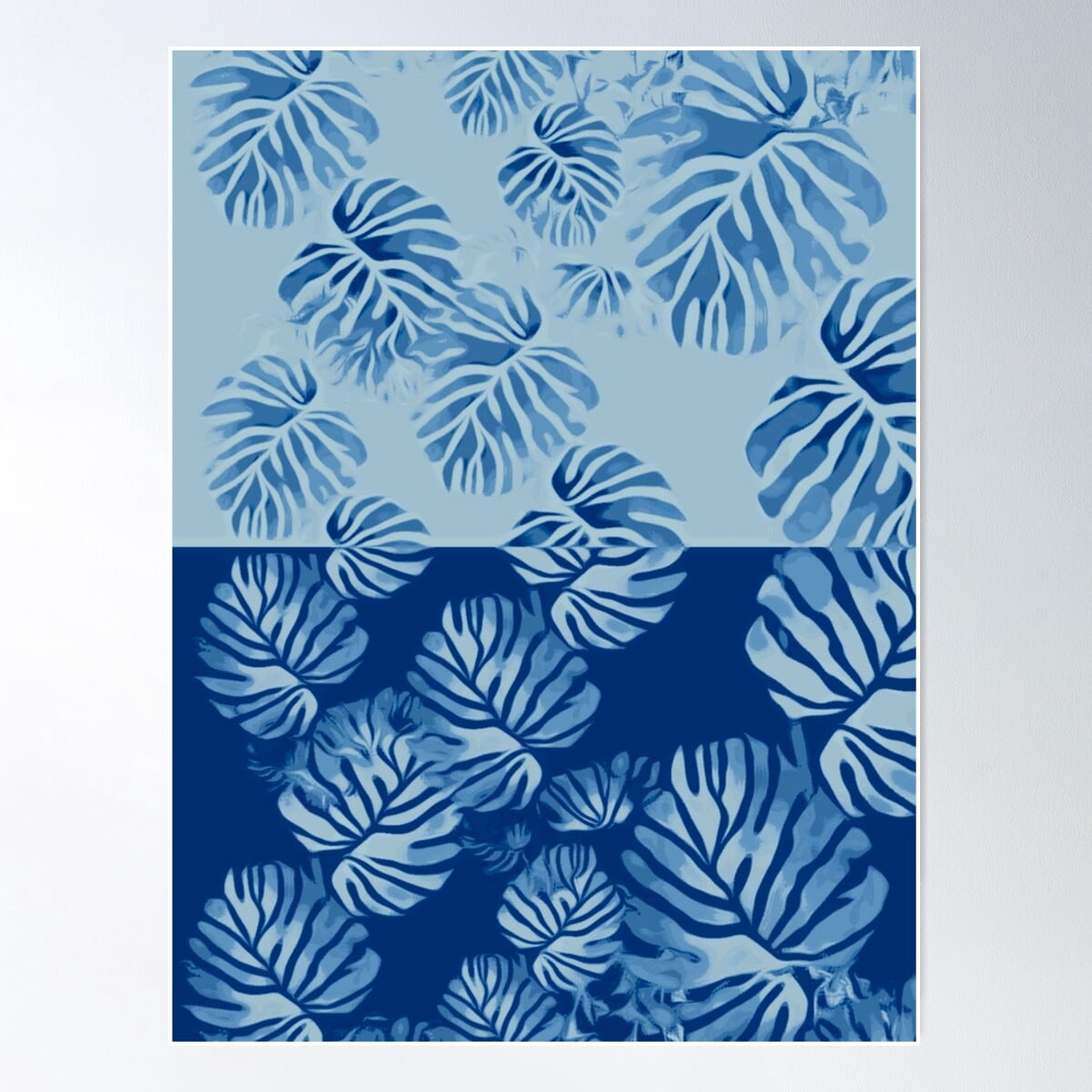 Monstera Leaves Blue Watercolor Poster Wall Art, Modern Wall Decor For ...