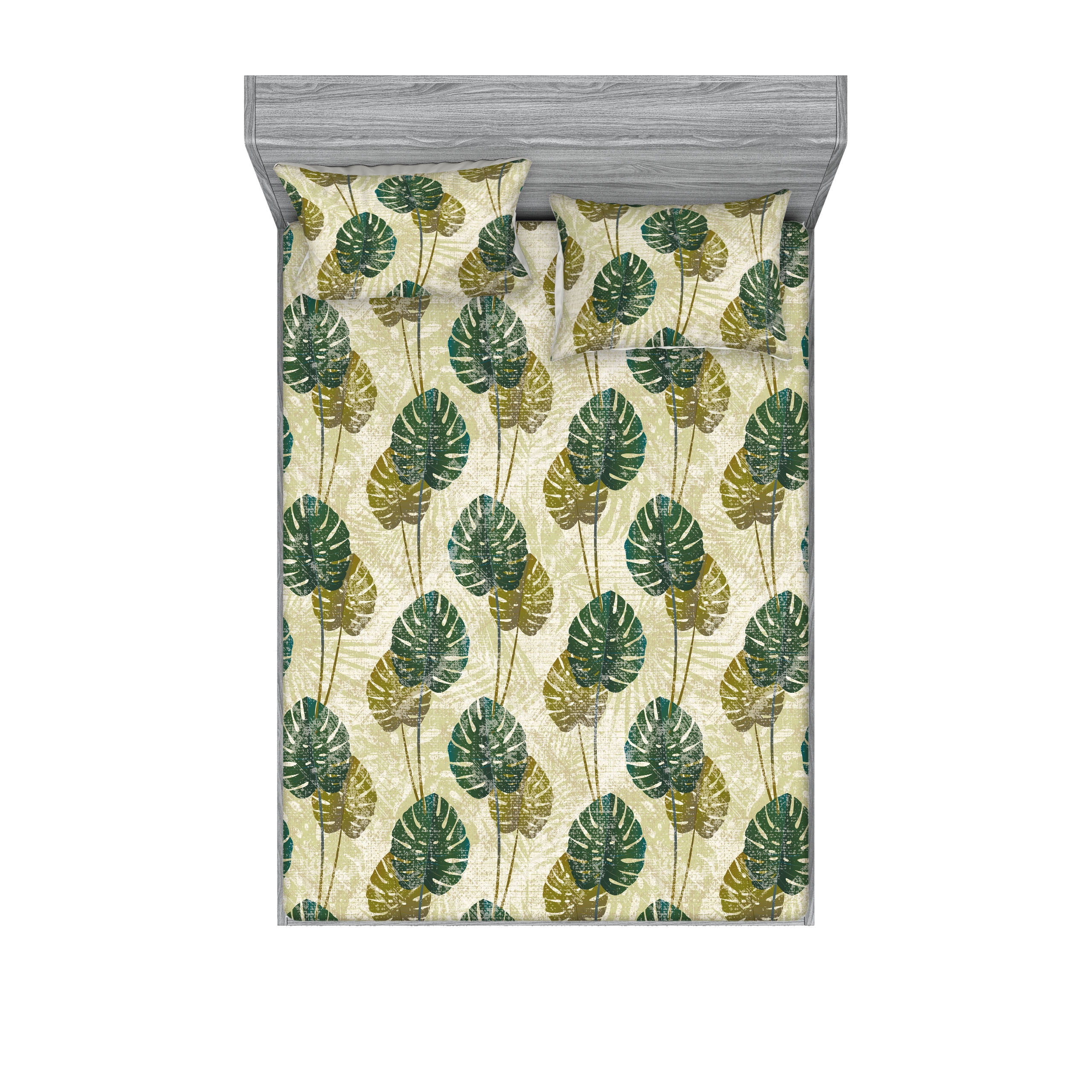 Monstera Leaves Fitted Sheet & Pillow Sham Set, Tropical Jungle Leaf ...
