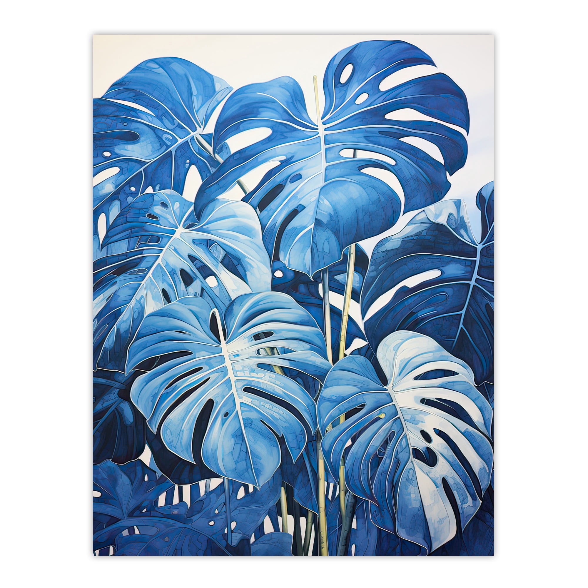 Monstera Plant Leaves in Blue Watercolour Painting Large Wall Art ...