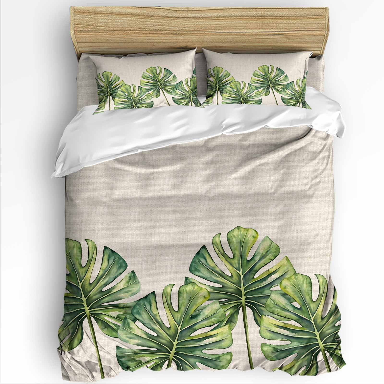 Monstera Queen Size Comforter Set, Green Tropical Leaf Linen Background ...