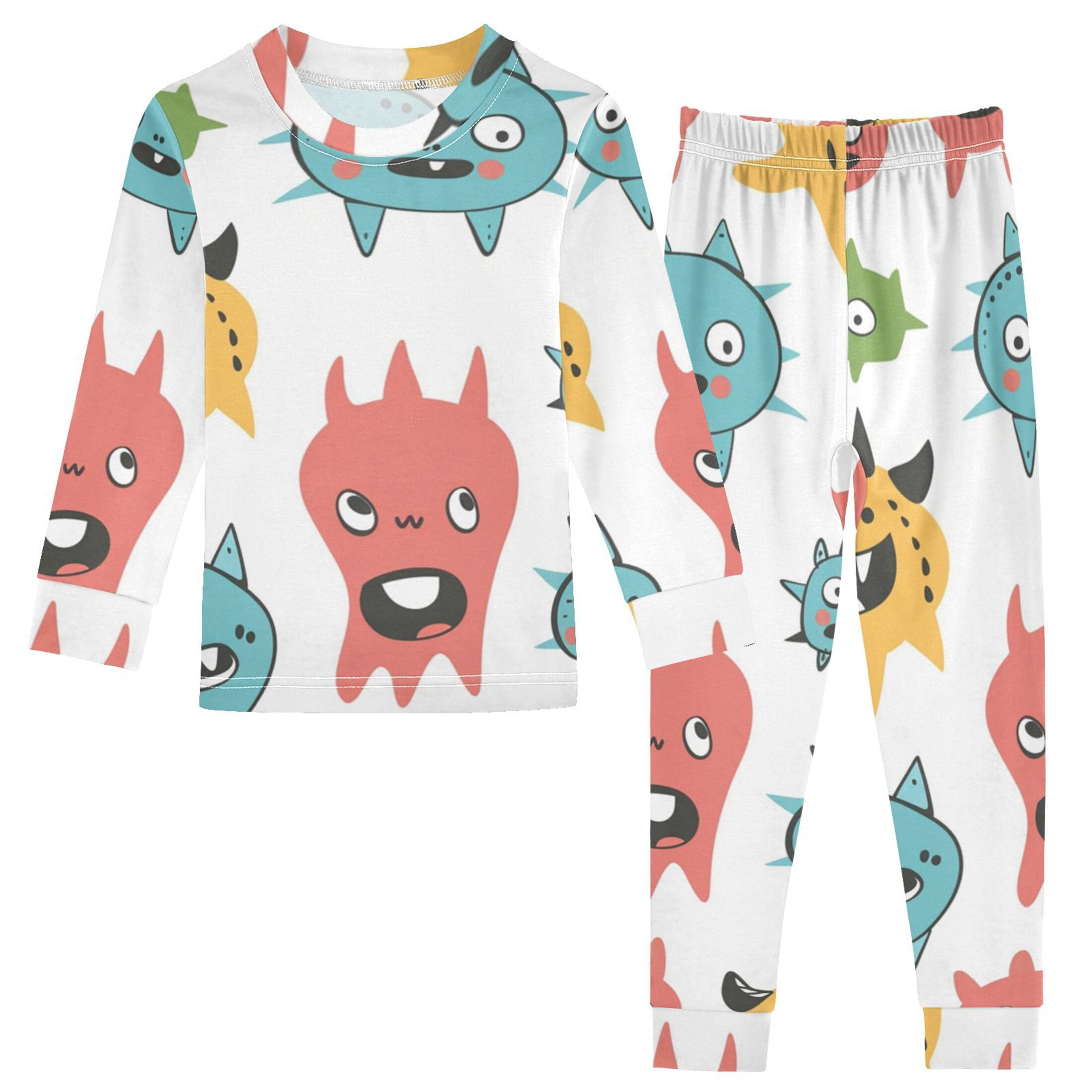 Monsters Cartoon Doodle Cotton Pajama Set Long Sleeve Top and Pants ...