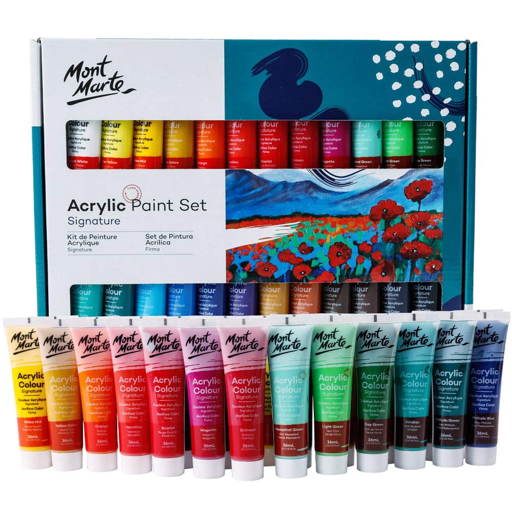 Mont Marte Acrylic Paint Set 24 Colours 36ml, Perfect for Canvas, Wood ...