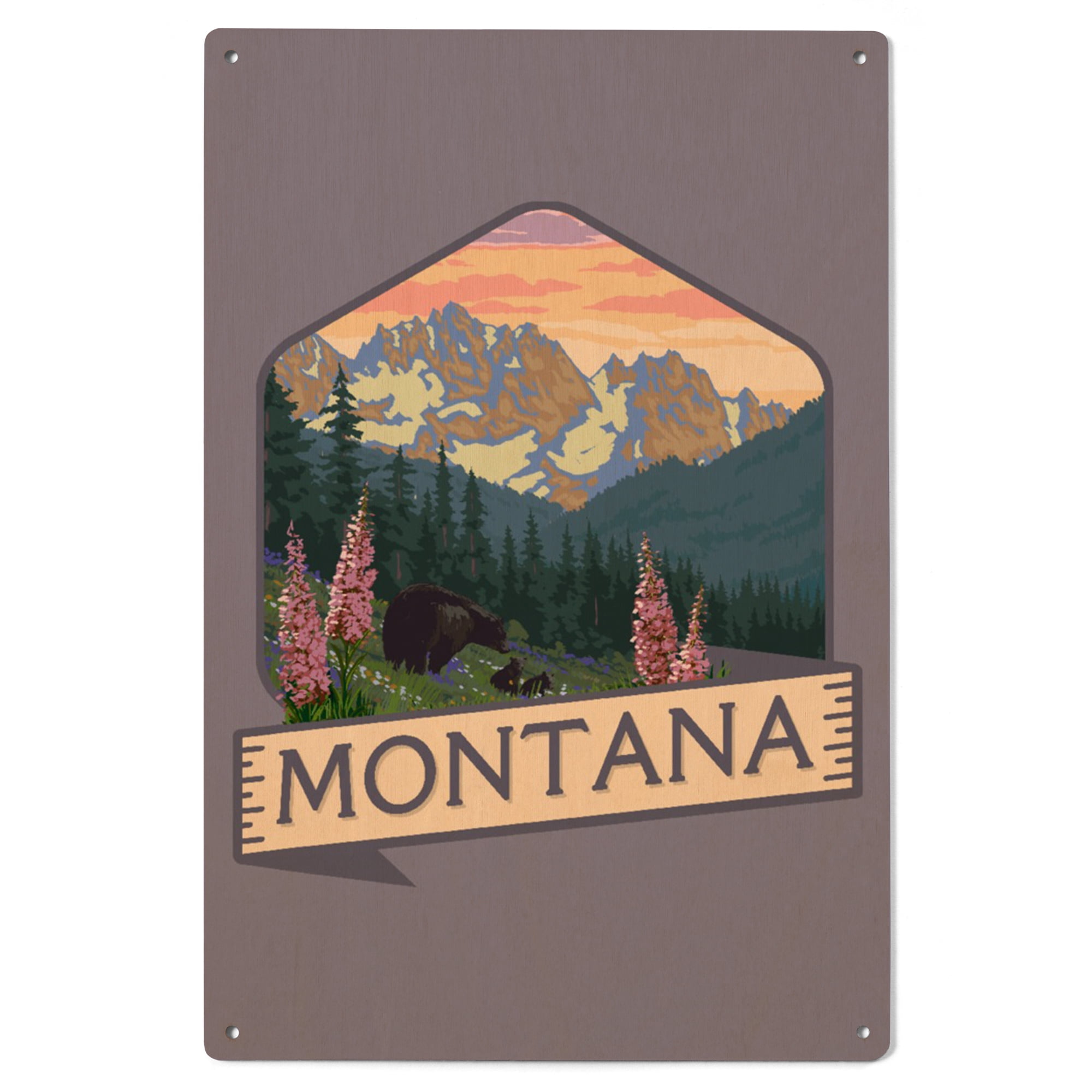 Montana, Bear and Spring Flowers, Contour Birch Wood Wall Sign (6x9 ...