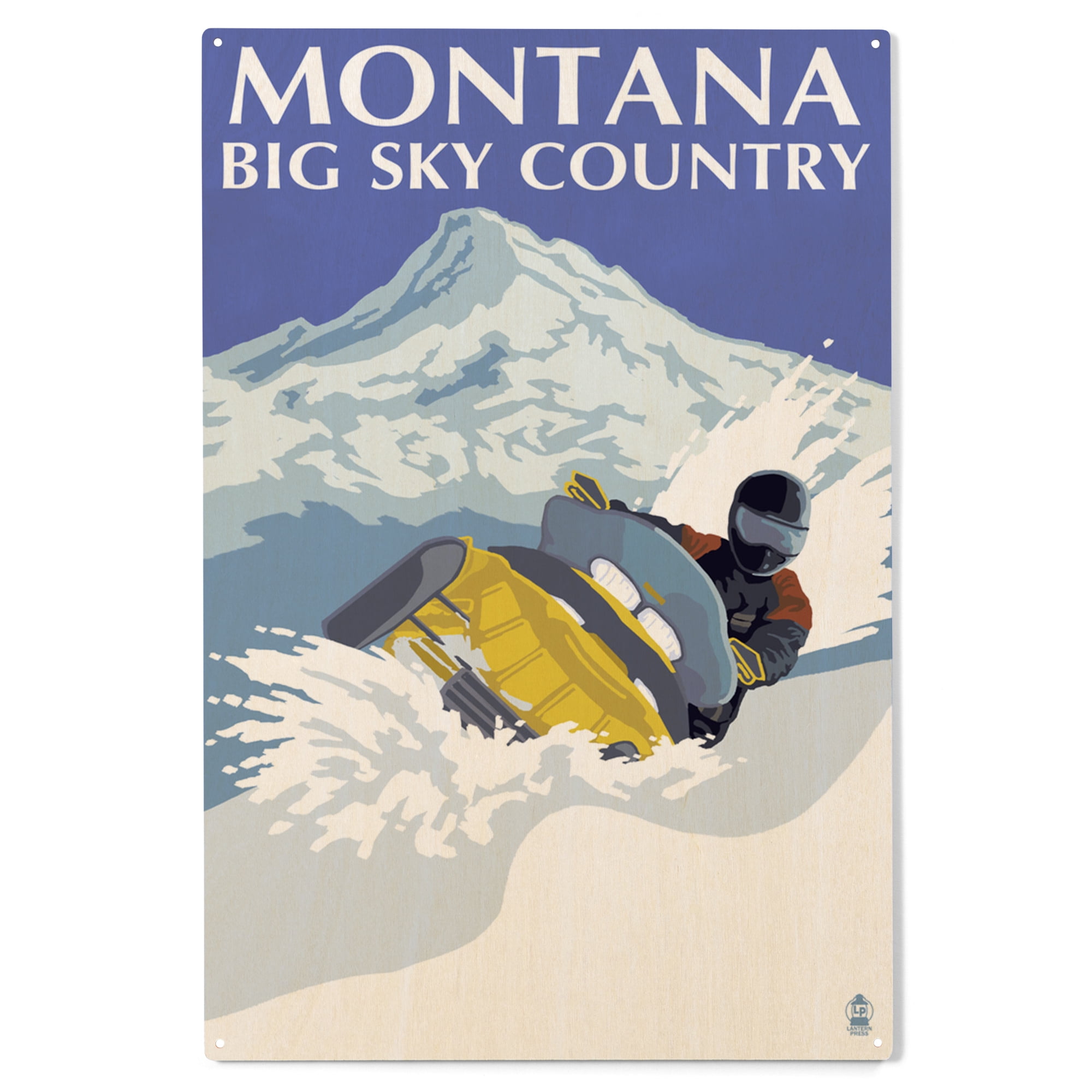Montana Big Sky, Snowmobile Scene Birch Wood Wall Sign (10x15 Rustic ...