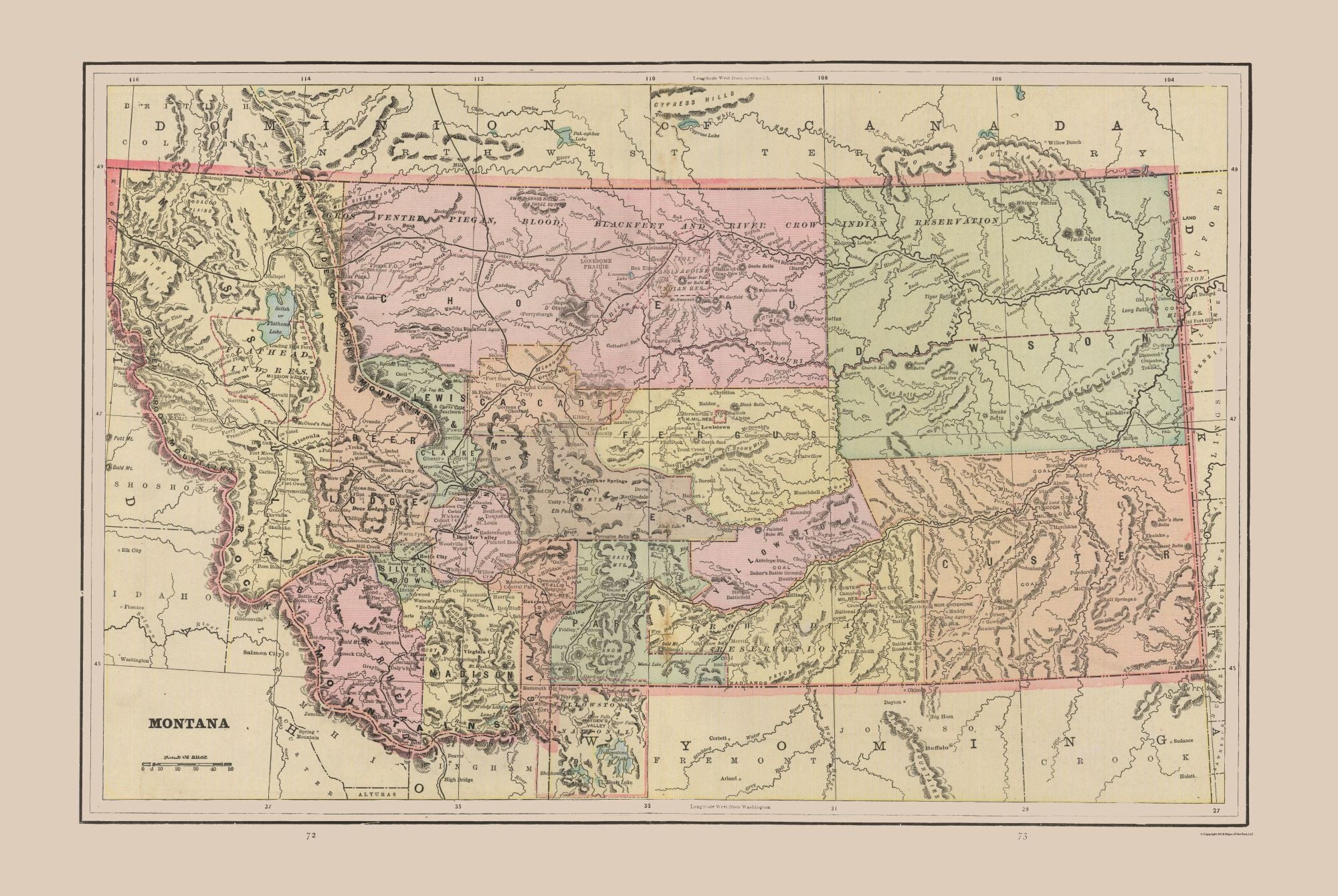 Historic State Map - Montana - Cram 1892 - 34.32 x 23 - Vintage Wall ...