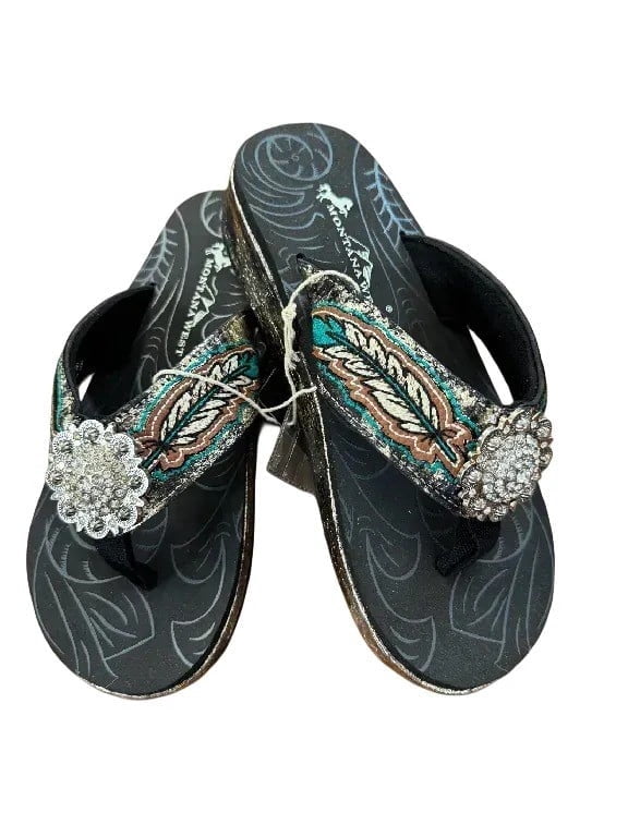Montana West Feather Embroidered Black Wedge Flip Flop Rhinestone Conch ...