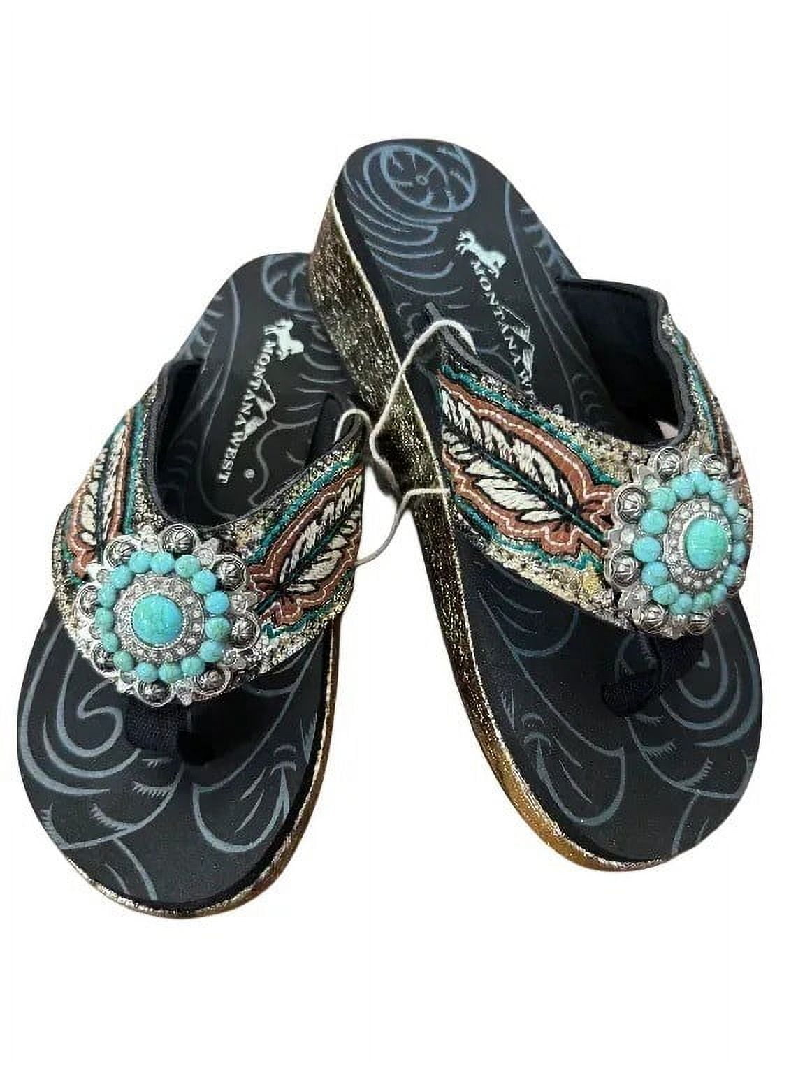 Montana West Feather Embroidered Black Wedge Flip Flop w/Turquoise ...