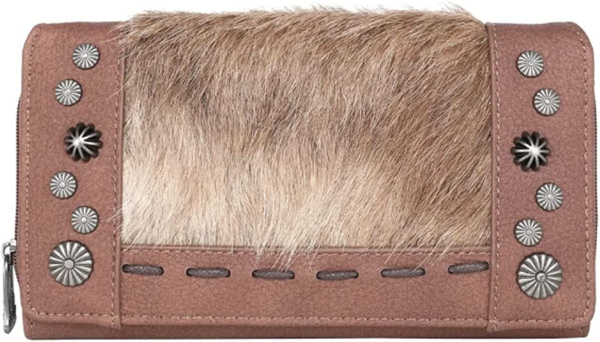 Montana West Womens Leather Wallet Clutch Western Tooled Studded w Hair Brown Whipstitched ...