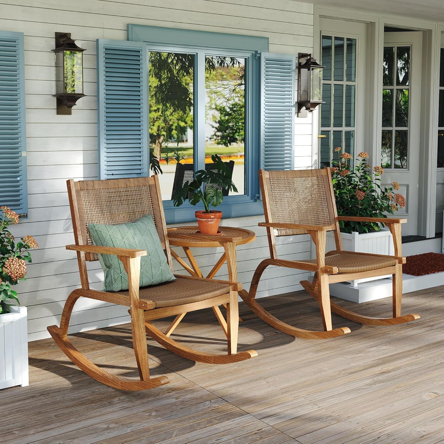 Montary 2-Pc Acacia Wood Rocking Chairs w/ Wicker Rattan Seats ...