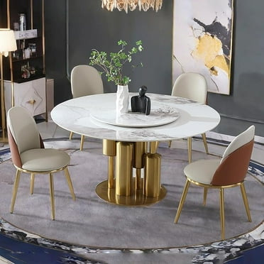 POVISON 51"Modern White Round Dining Table for 4, Glossy Sintered Stone Tabletop, Bronze Carbon ...