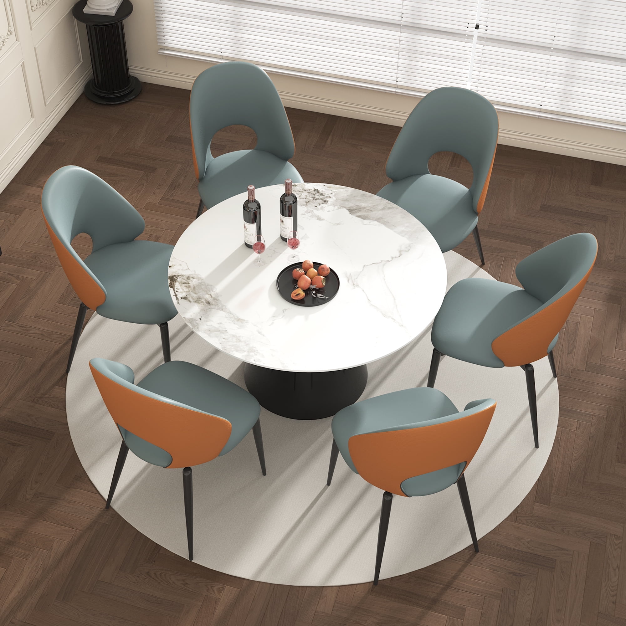 Montary 53" Round Dining Set w/Sintered Stone Top & Stainless Steel Base,1 Table +6 Gray Chairs ...
