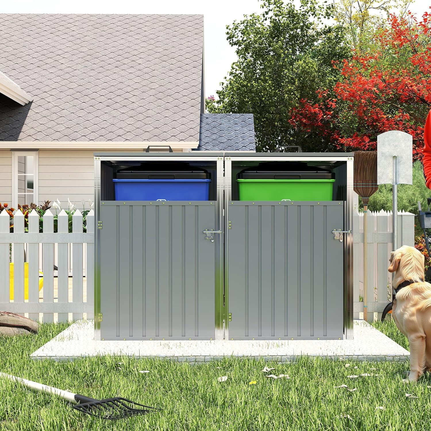 Montary 54 CU.FT Metal Outdoor Garbage Bin Storage Shed with Chain Lid ...