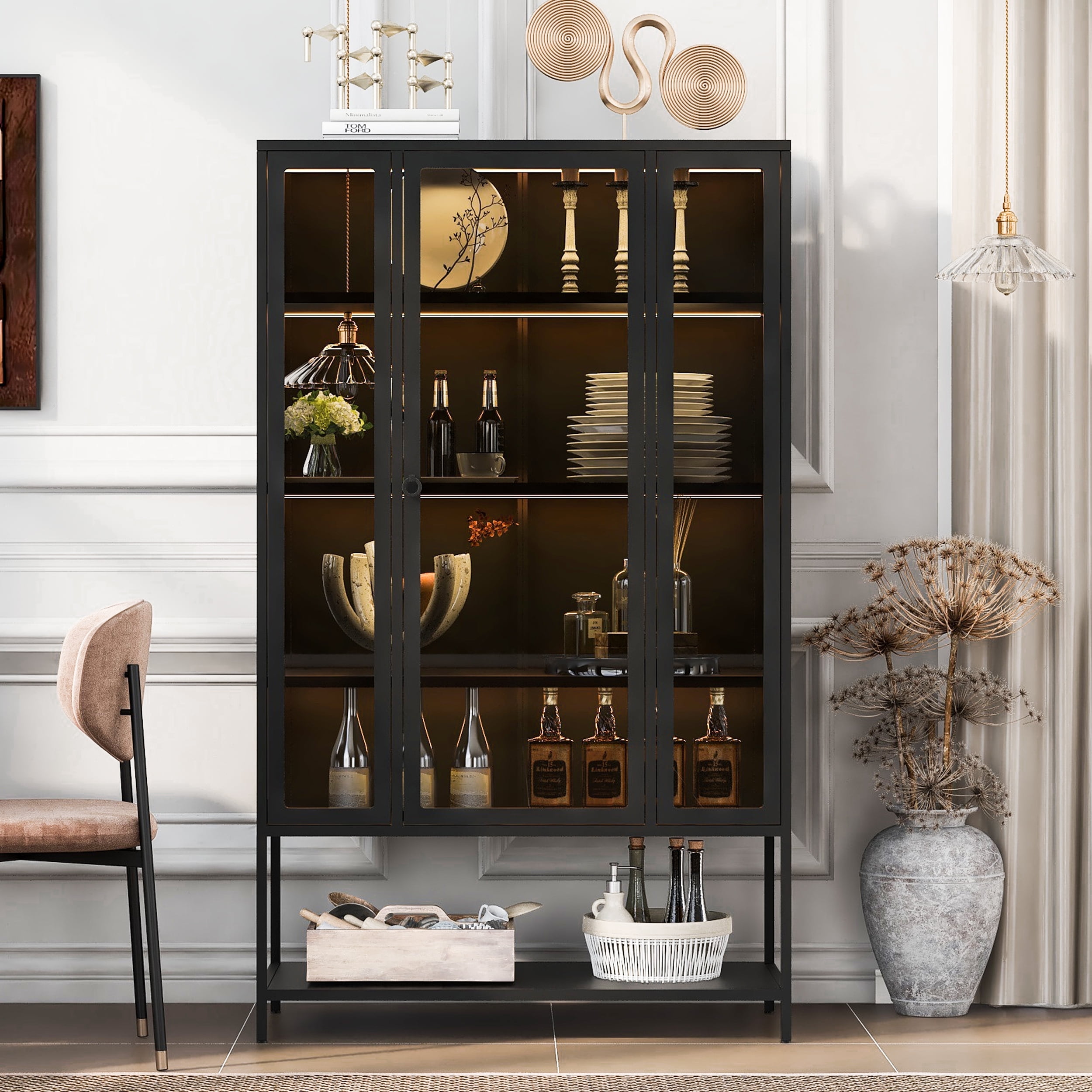 Montary 67.25" Iron & Steel Curio Cabinet with 3-Sided Glass & LED Lighting, Display for ...