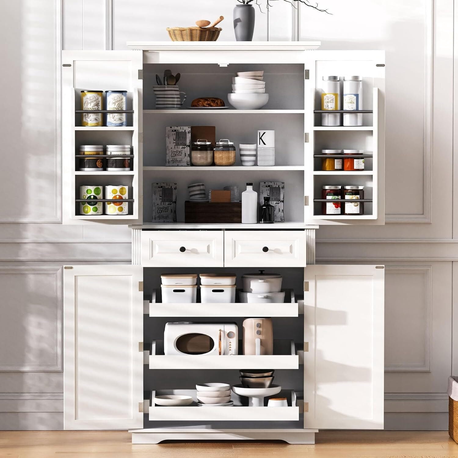 Montary 71.2" White Farmhouse Pantry Cabinet w/ Drawers, 3 Pull-Out ...