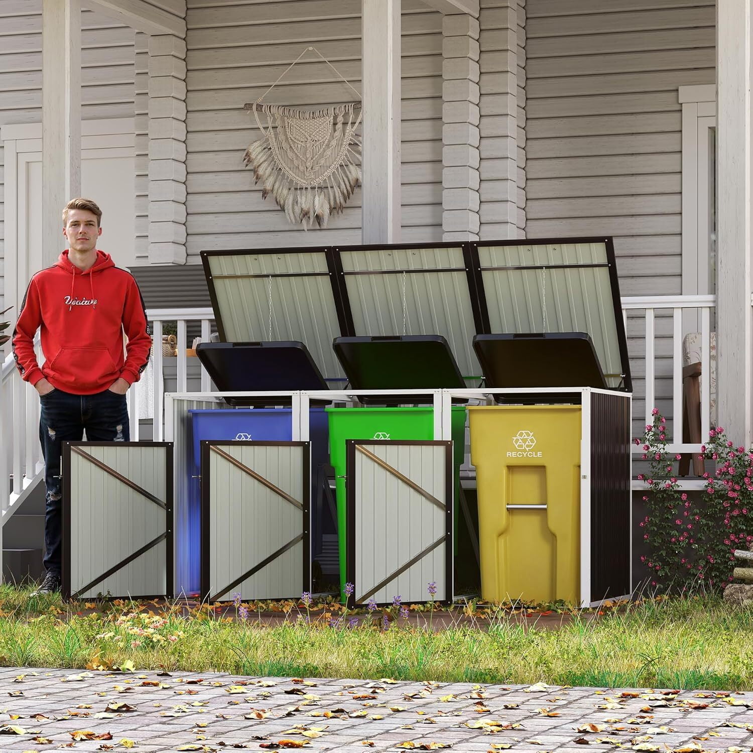 Montary 85 CU.FT Metal Outdoor Garbage Bin Storage Shed with Chain Lid ...