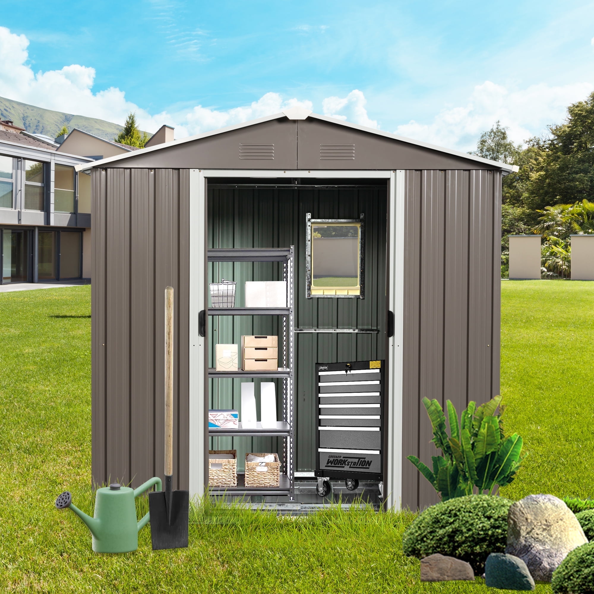 Montary 8x4FT Metal Storage Shed, Steel Base & View Window, Gray ...
