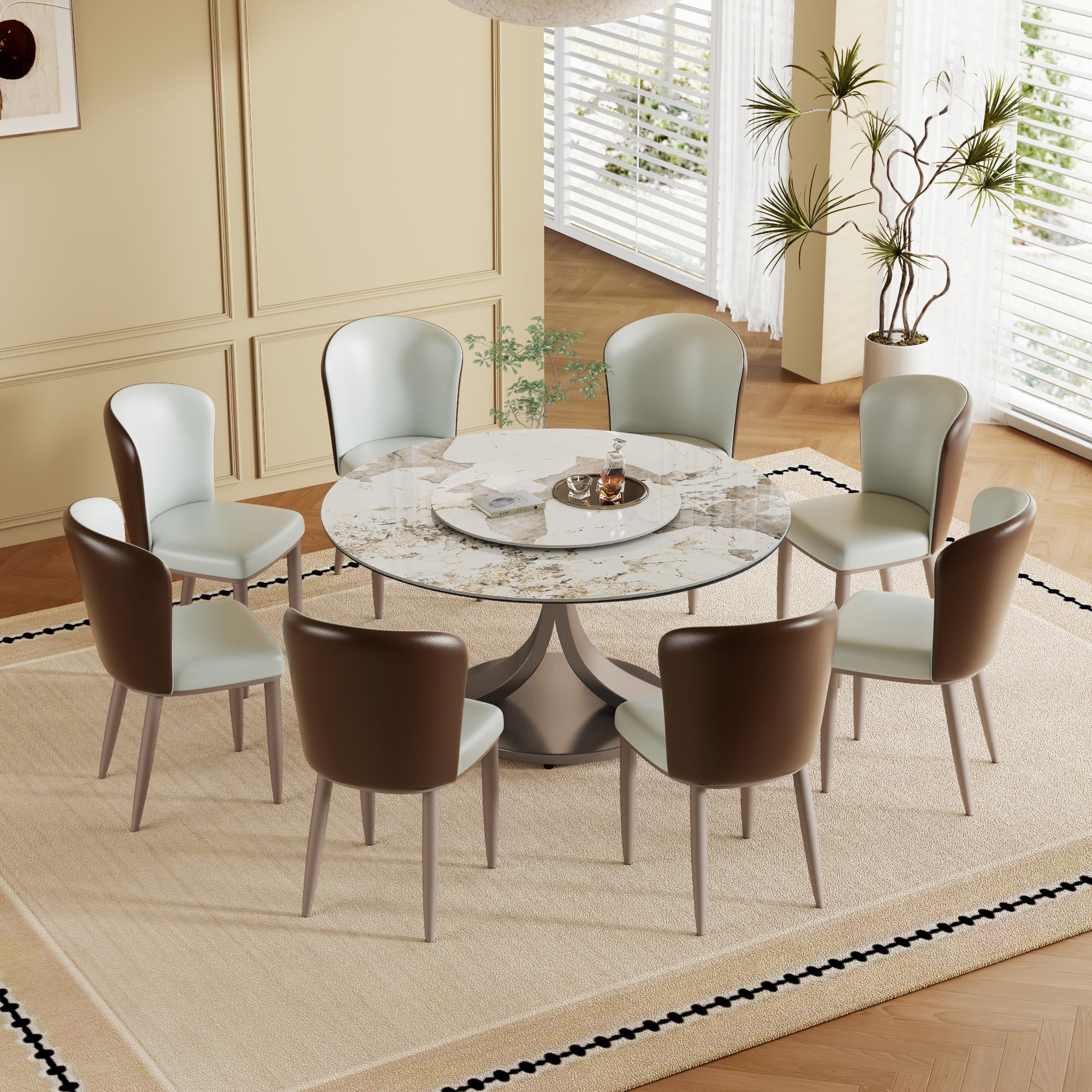 Montary 9 Piece Modern Dining Table Set of 8, Round 59" D Faux Marble ...